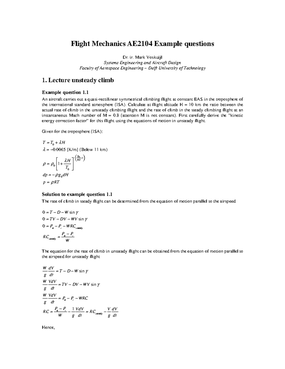 Example questions and solutions - Flight Mechanics AE2104 Example ...