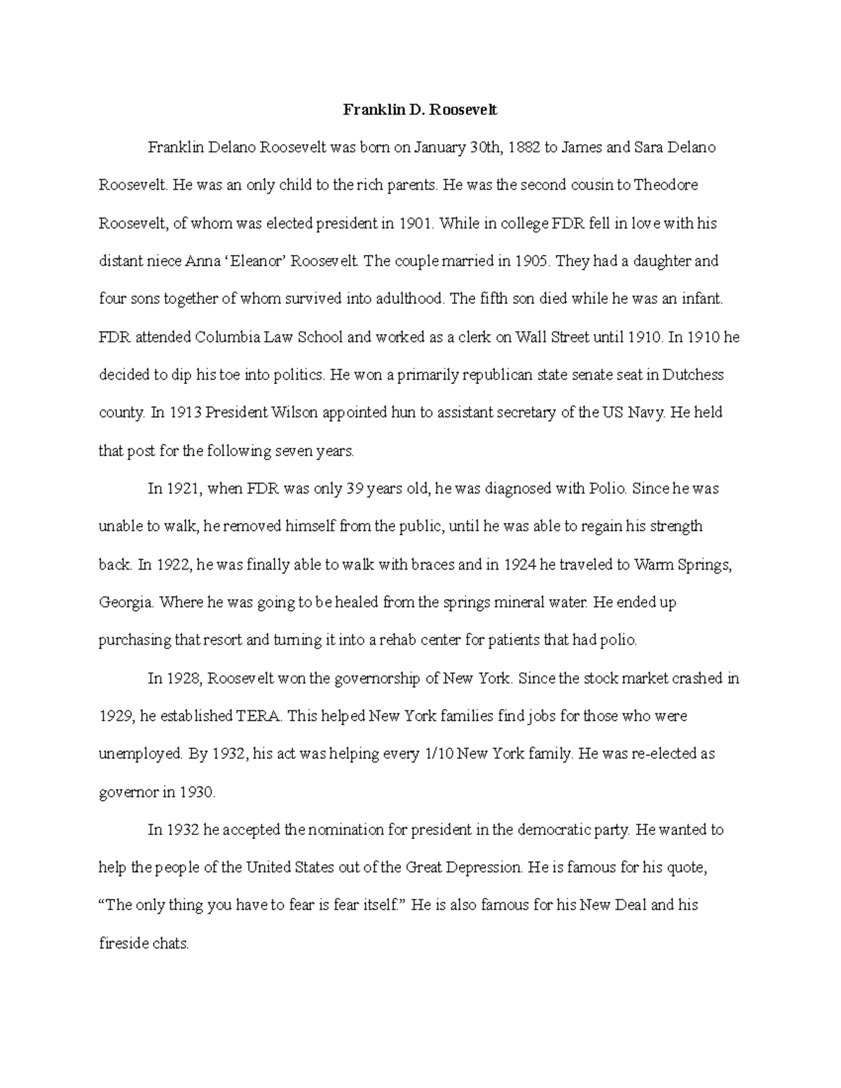 Unit 3 Biography Paper - Franklin D. Roosevelt Franklin Delano ...