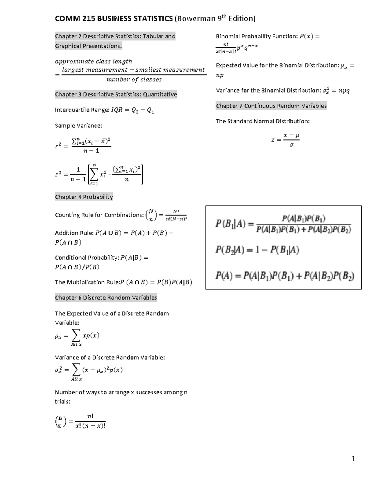 Formula sheet Midterm Exam 2024 - 1 COMM 215 BUSINESS STATISTICS (Bowerman 9 th Edition) Chapter ...