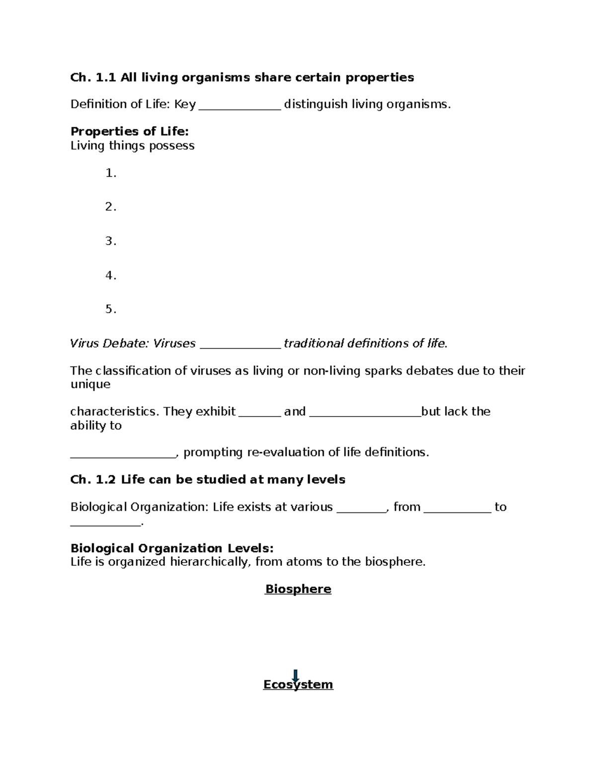Ch1 - Bio 131 notes - Ch. 1 All living organisms share certain ...