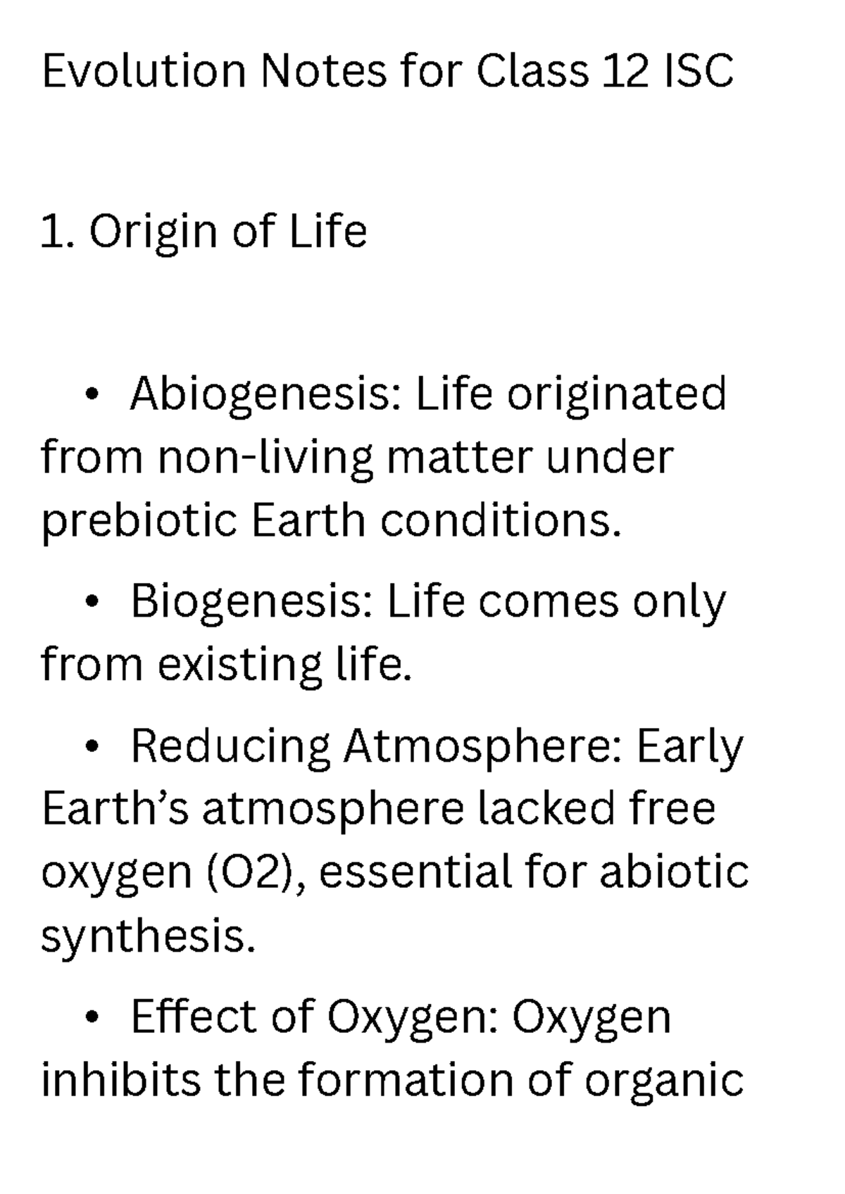 Evolution Notes for Class 12 ISC - Biogenesis: Life comes only from ...