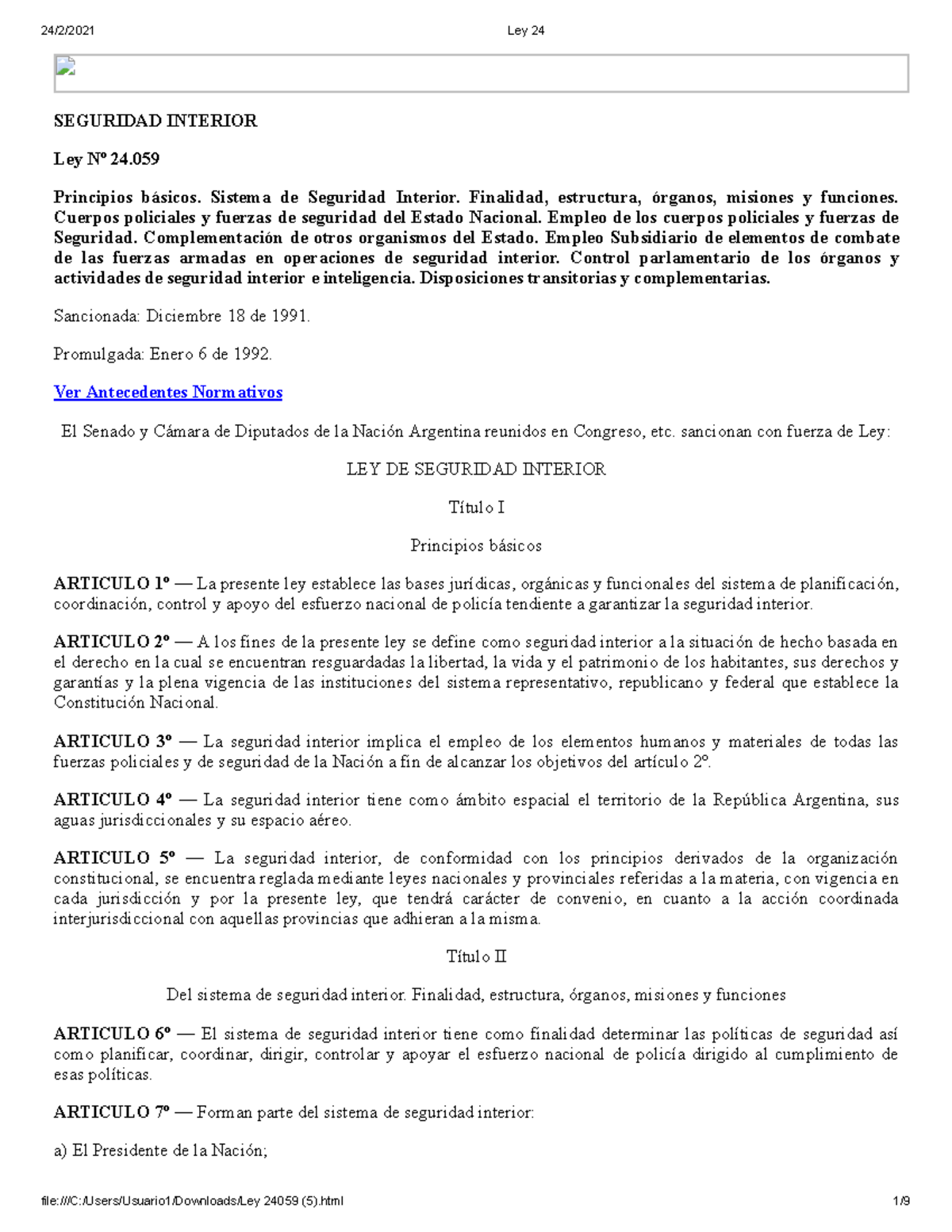 Ley 24059 - Apuntes de clase - SEGURIDAD INTERIOR Ley Nº 24. Principios ...