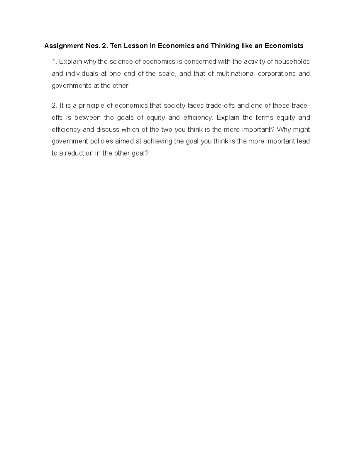 Assignment Nos.2- Ten Lesson in Economics and Thinking like an ...