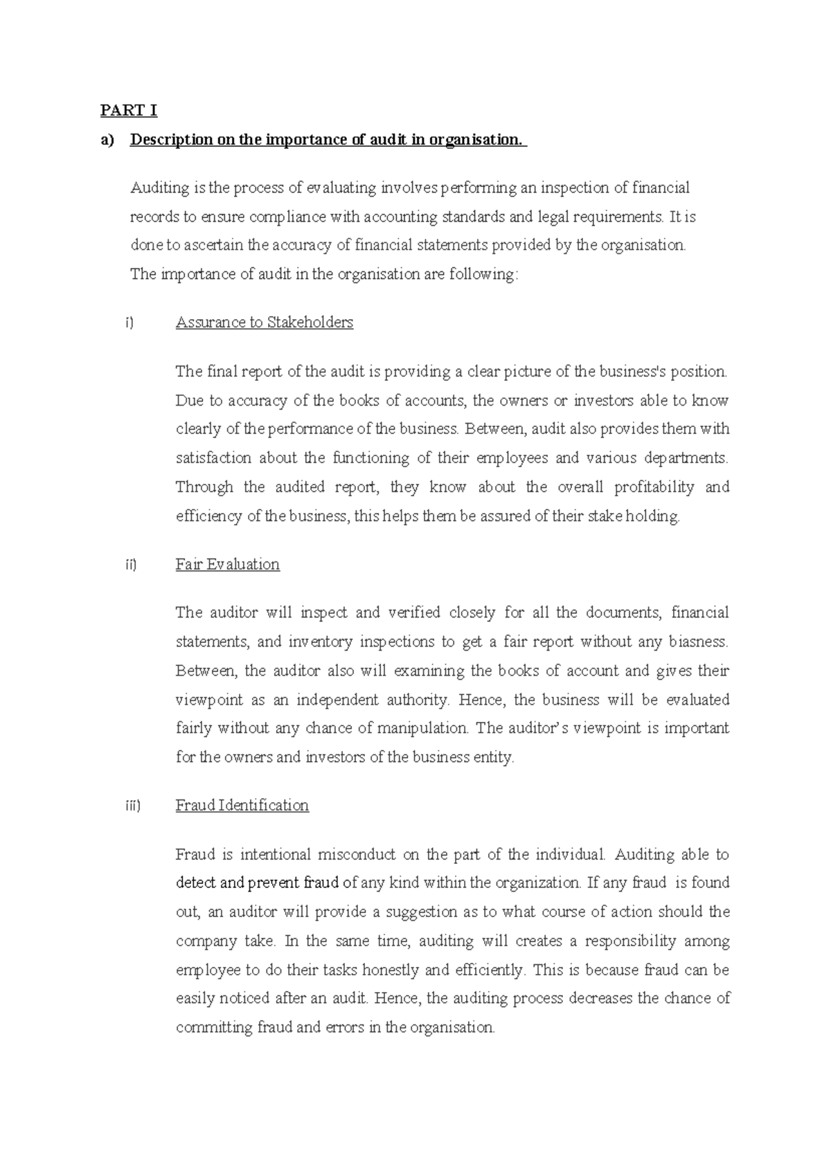 Final Assignment - Audit - PART I a) Description on the importance of ...