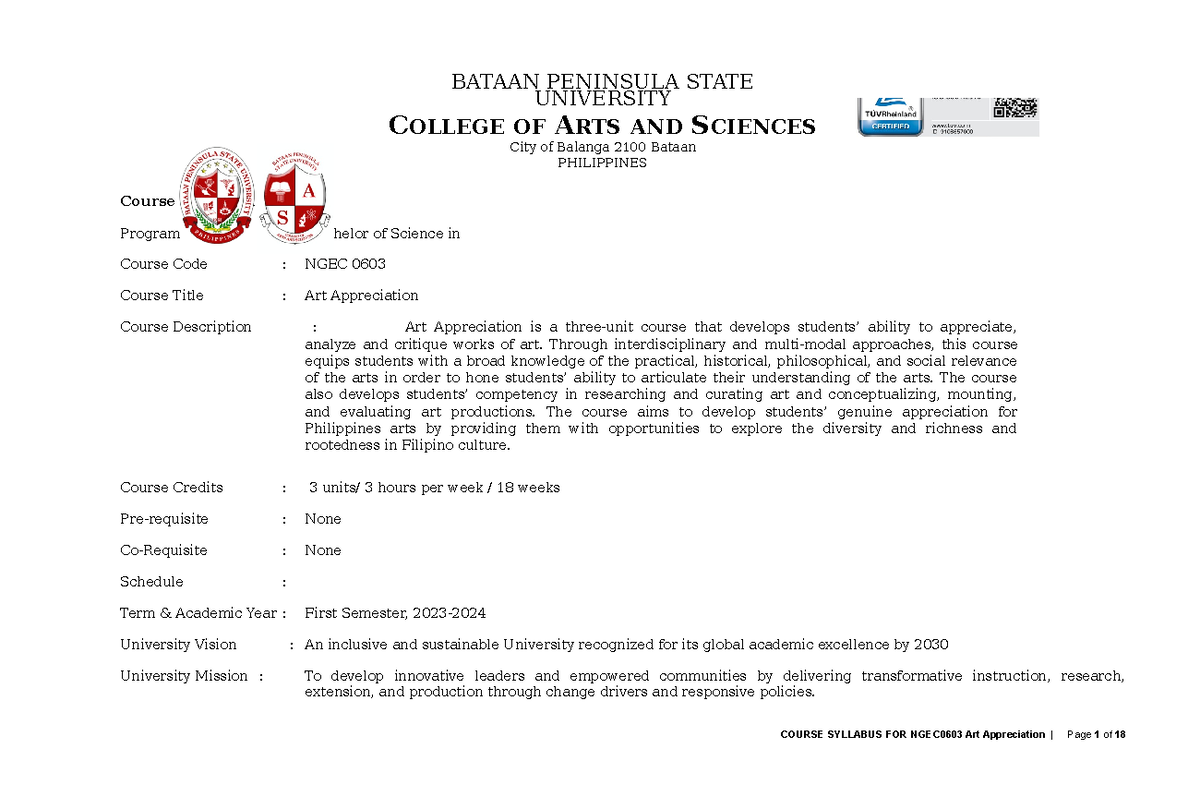 Syllabus ART APP 1st Sem AY 2023 2024 - BATAAN PENINSULA STATE ...