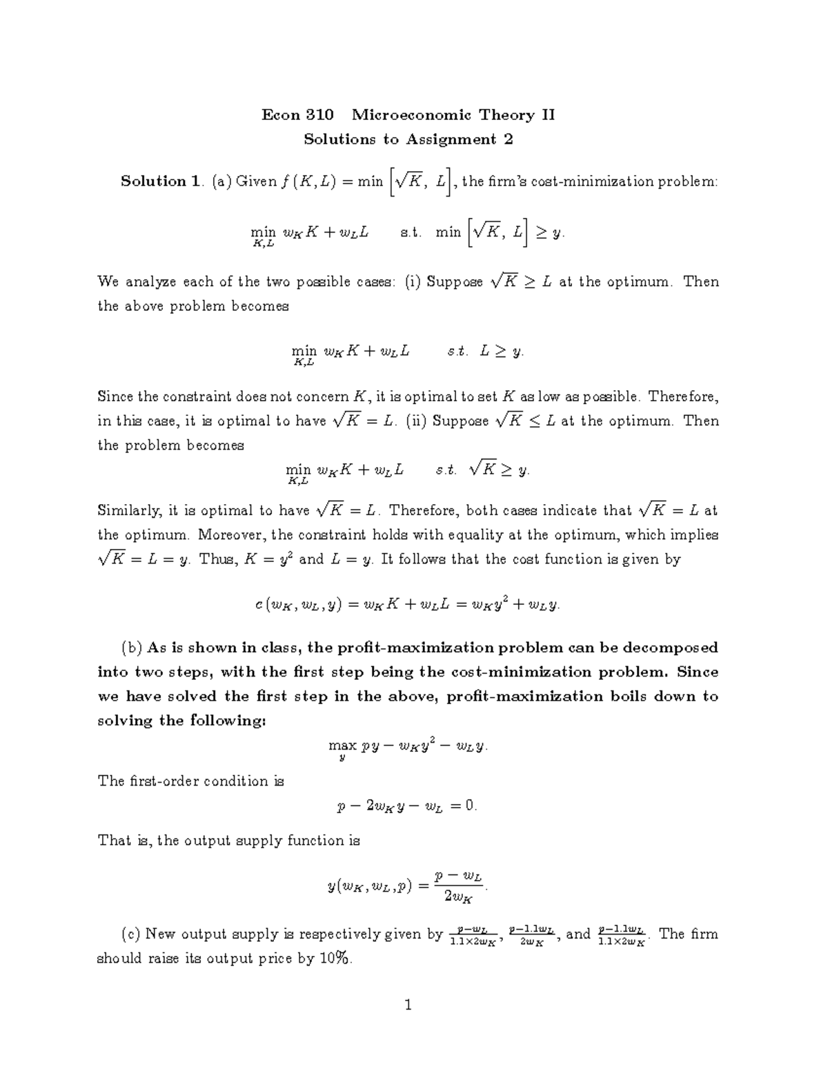 Econ310 2023f asg2 sol - solutions to assignment 2 - Econ 310 Microeconomic Theory II Solutions ...