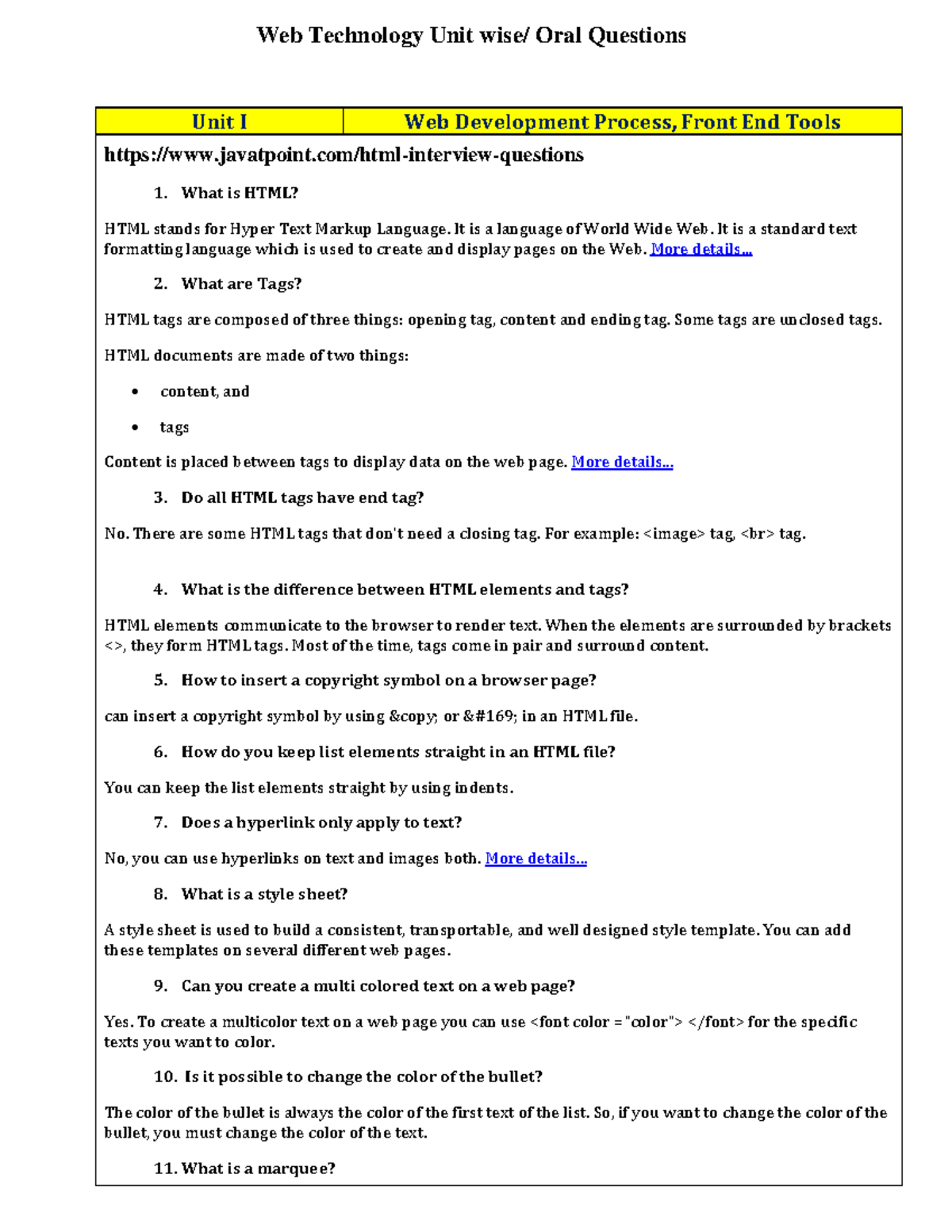WTL Oral Questions - Unit I Web Development Process, Front End Tools ...