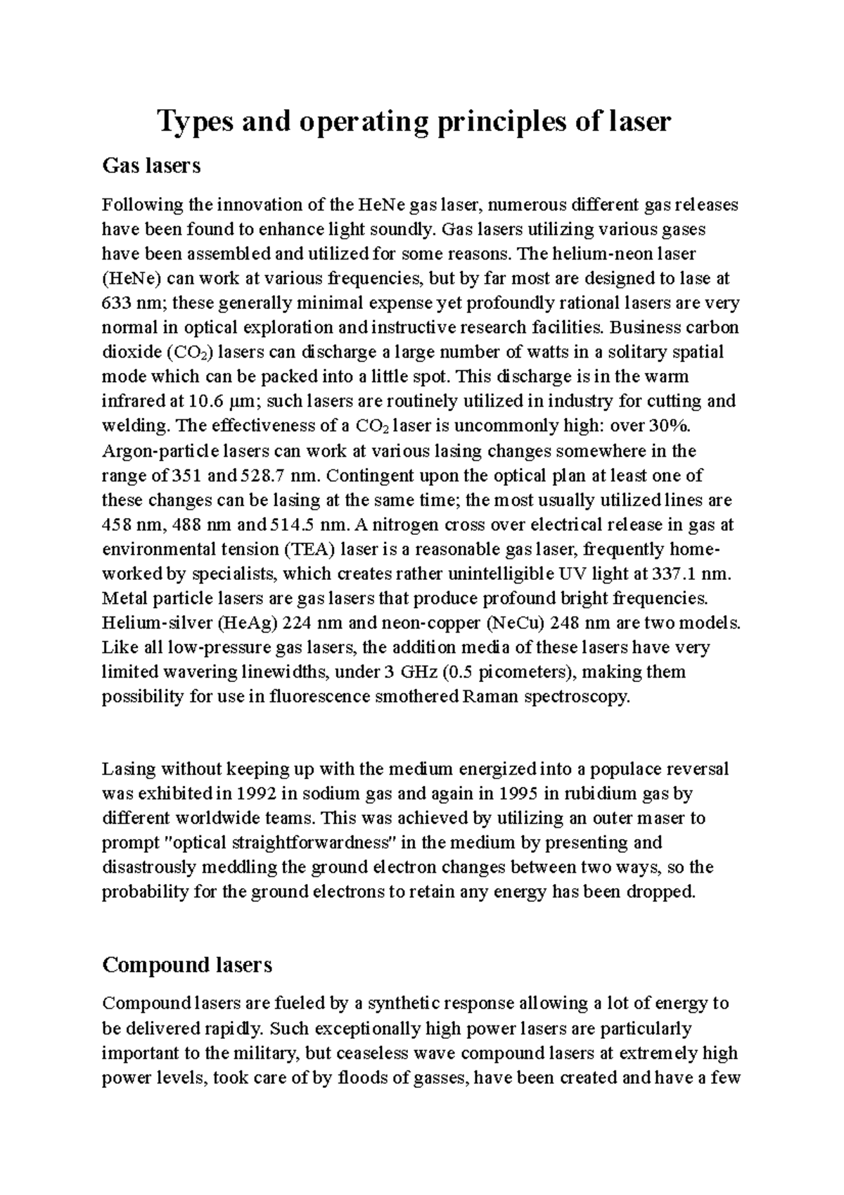 Types and operating principles of laser 1 - Gas lasers utilizing ...