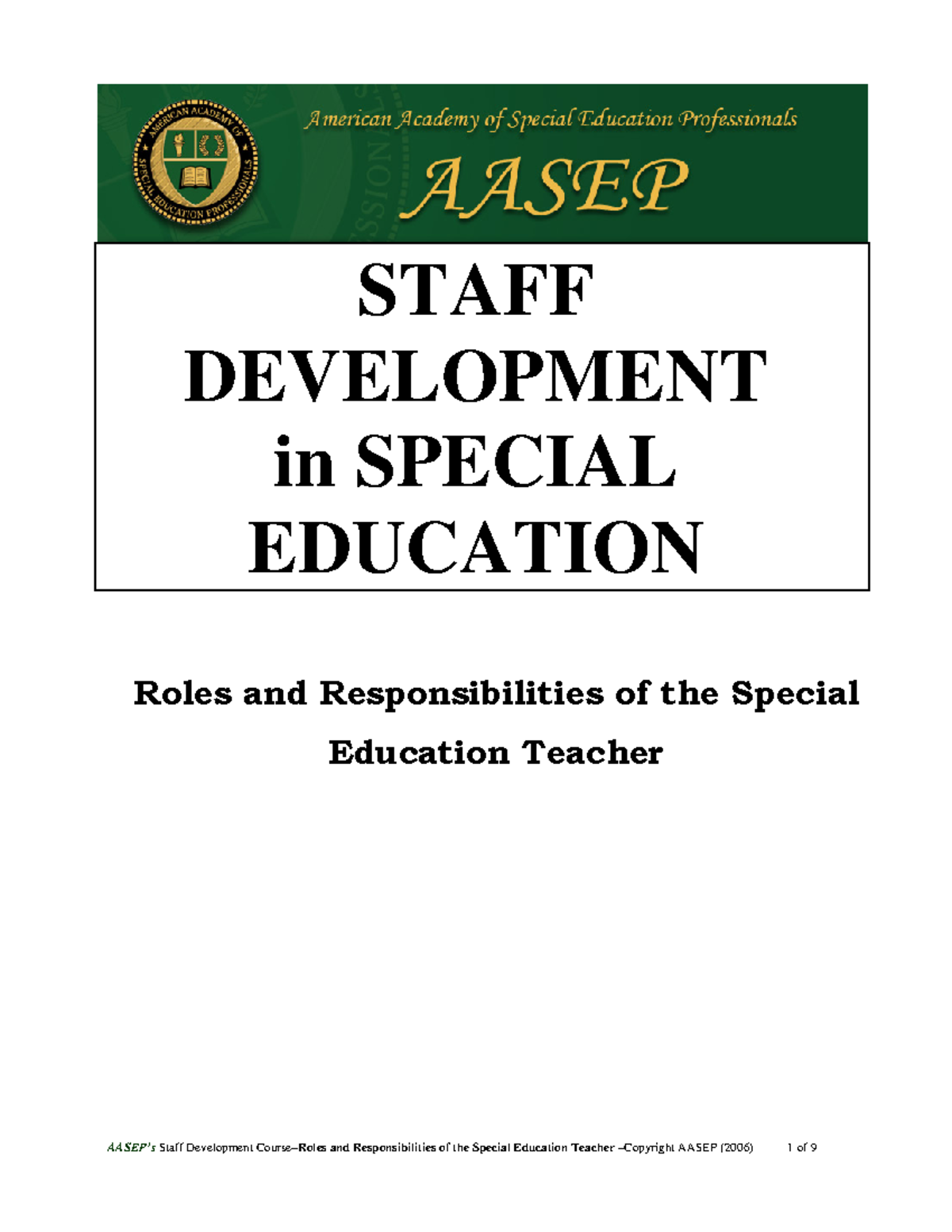 Roles Responsibilities SPED Teacher - STAFF DEVELOPMENT in SPECIAL ...