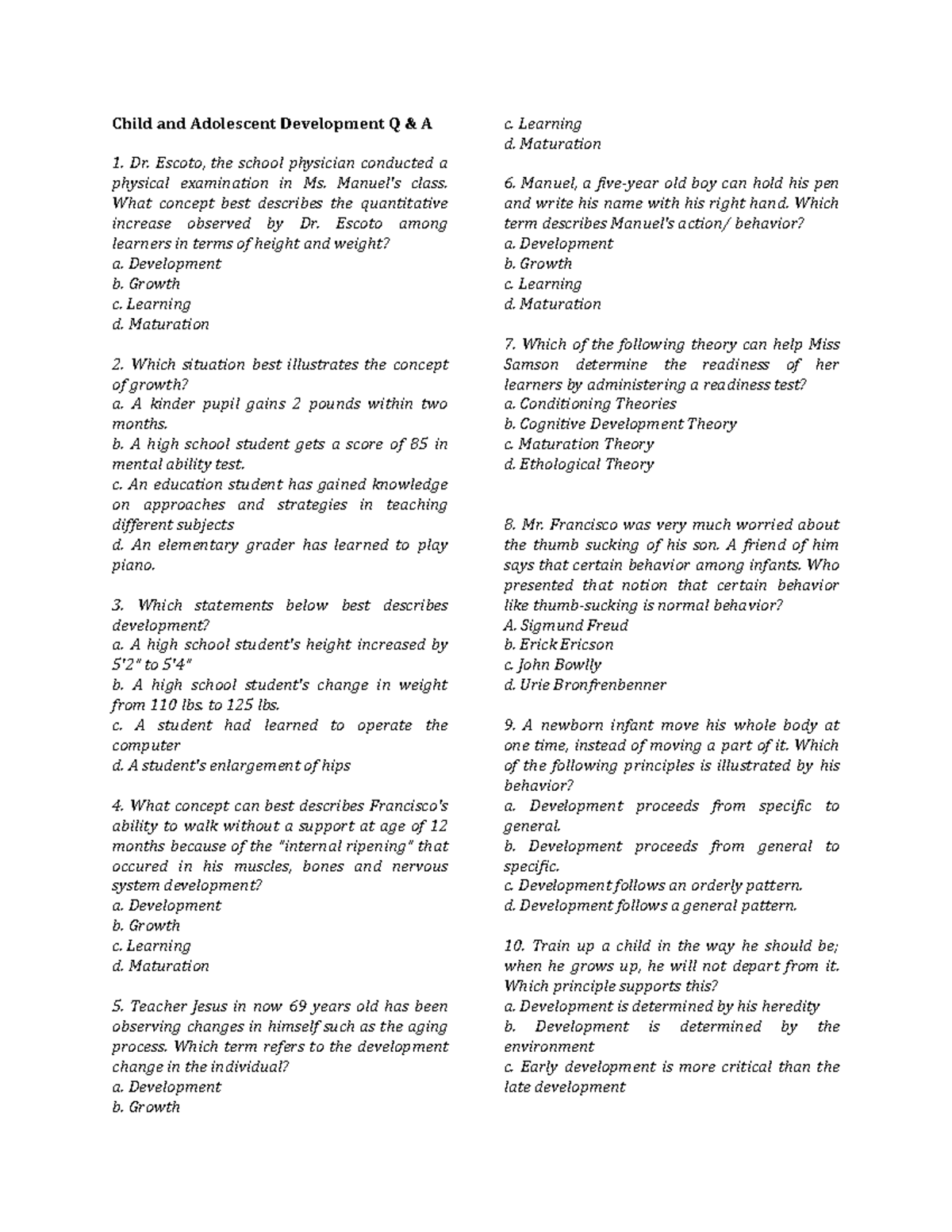 Child and Adolescent Reviewer - Child and Adolescent Development Q & A ...