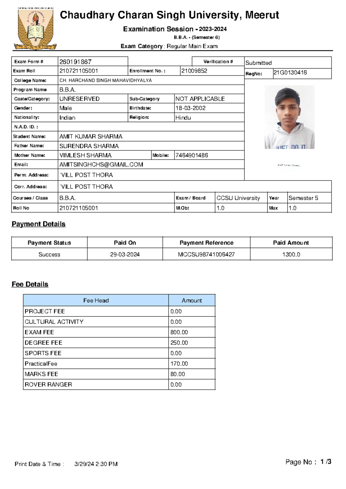 Amit exam form 6th sem - gtfg - Chaudhary Charan Singh University ...