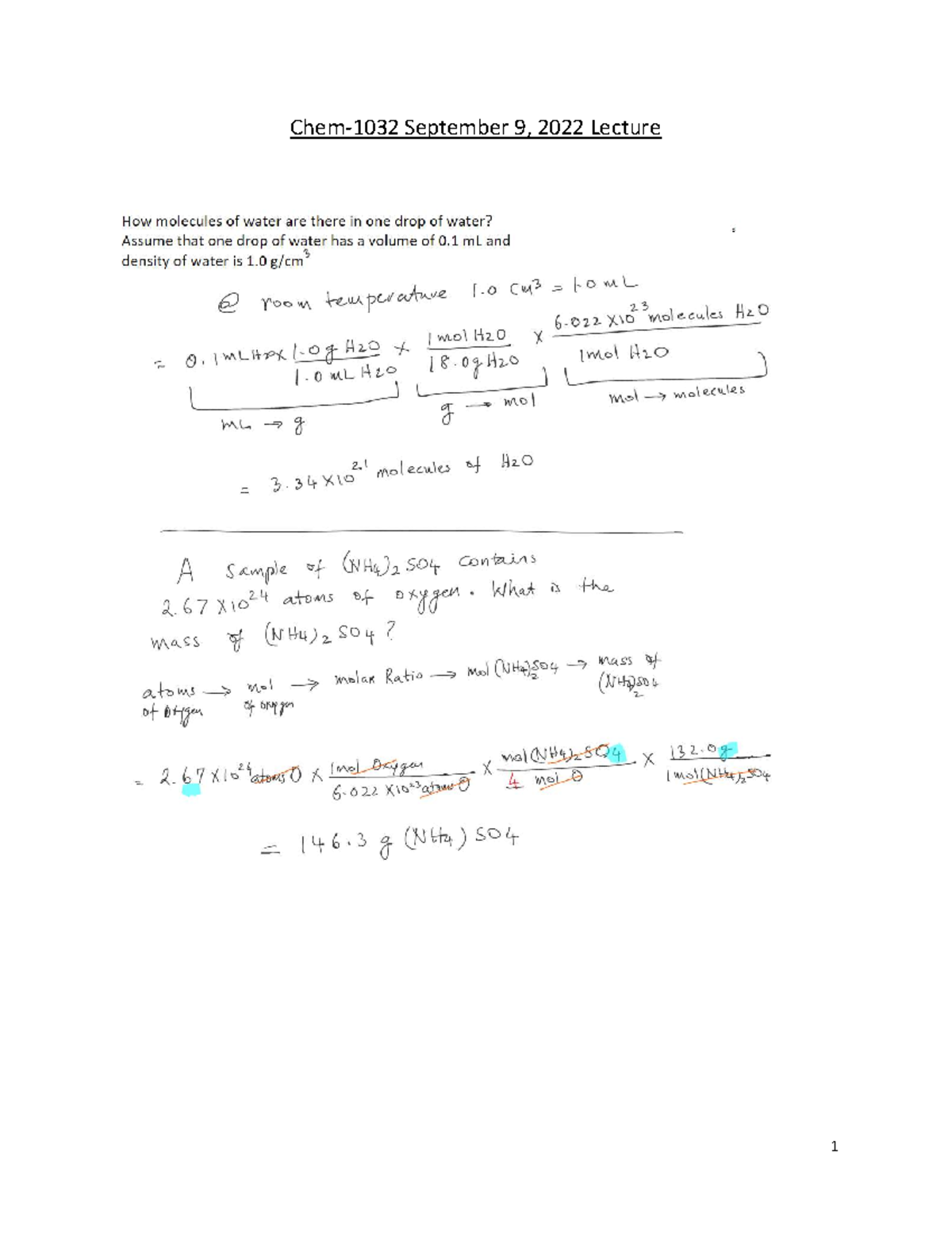 Chem-1035 9th September Class Lecture - CHEM 1035 - 1 Chem-1032 September 9, 2022 Lecture - Studocu