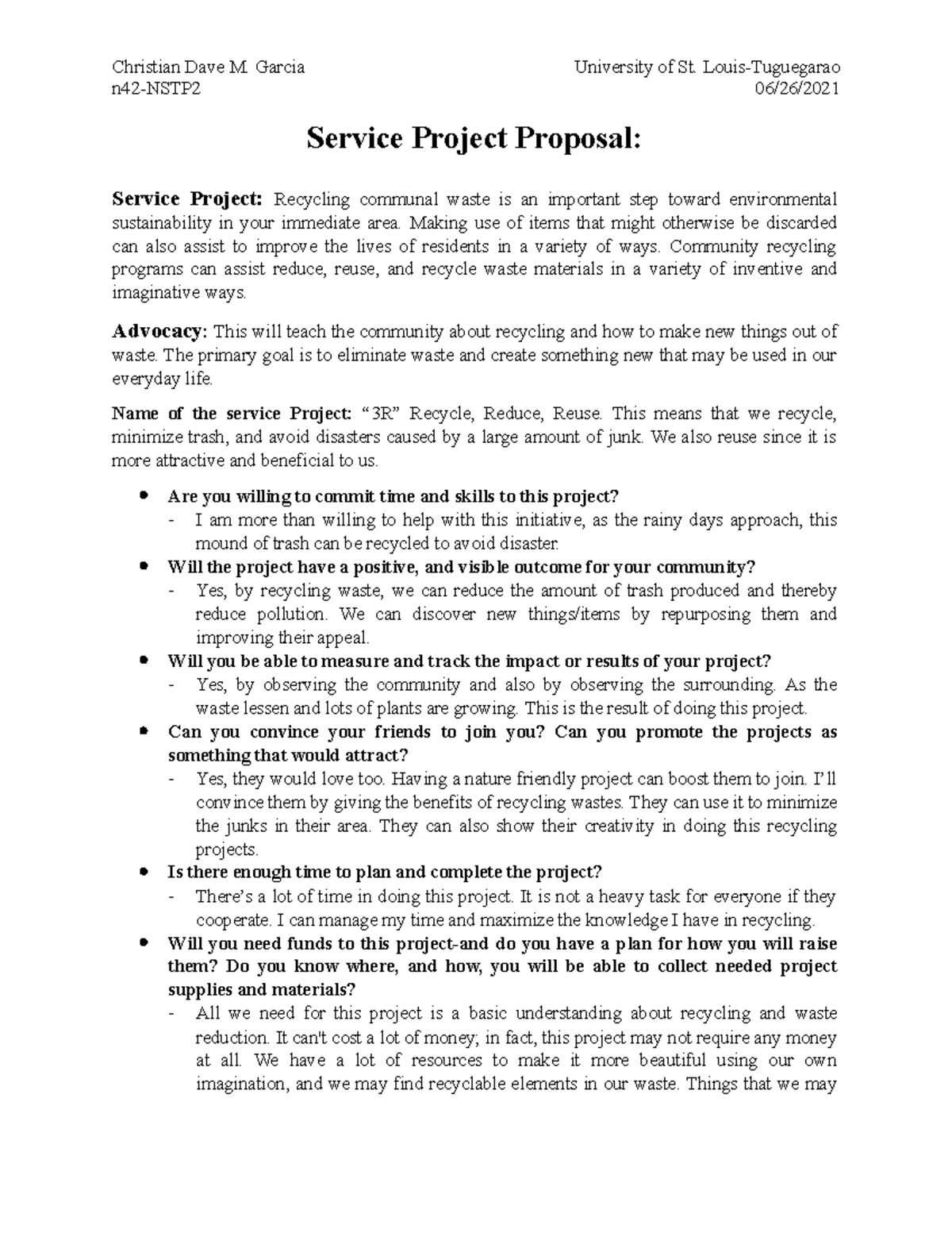 Service Project Proposal Garcia Amazing and Helpful to everyone who can ...