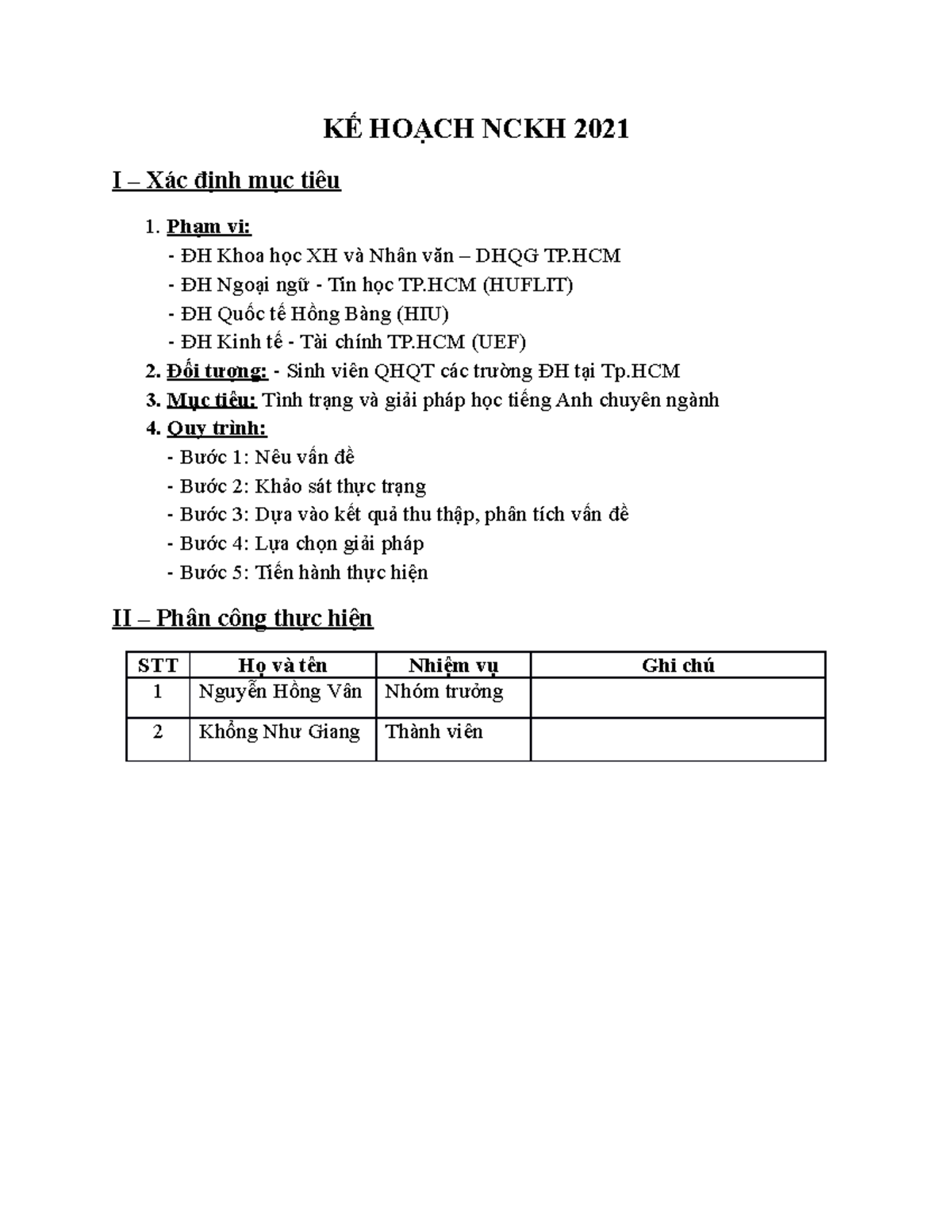 KẾ HOẠCH NCKH 2021 - NCKH - KẾ HOẠCH NCKH 2021 I – Xác định mục tiêu ...