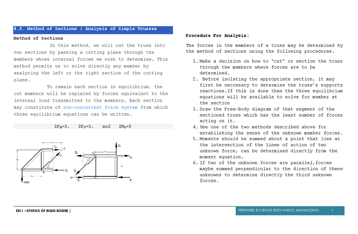 Method of Sections - This method permits us to solve directly any ...