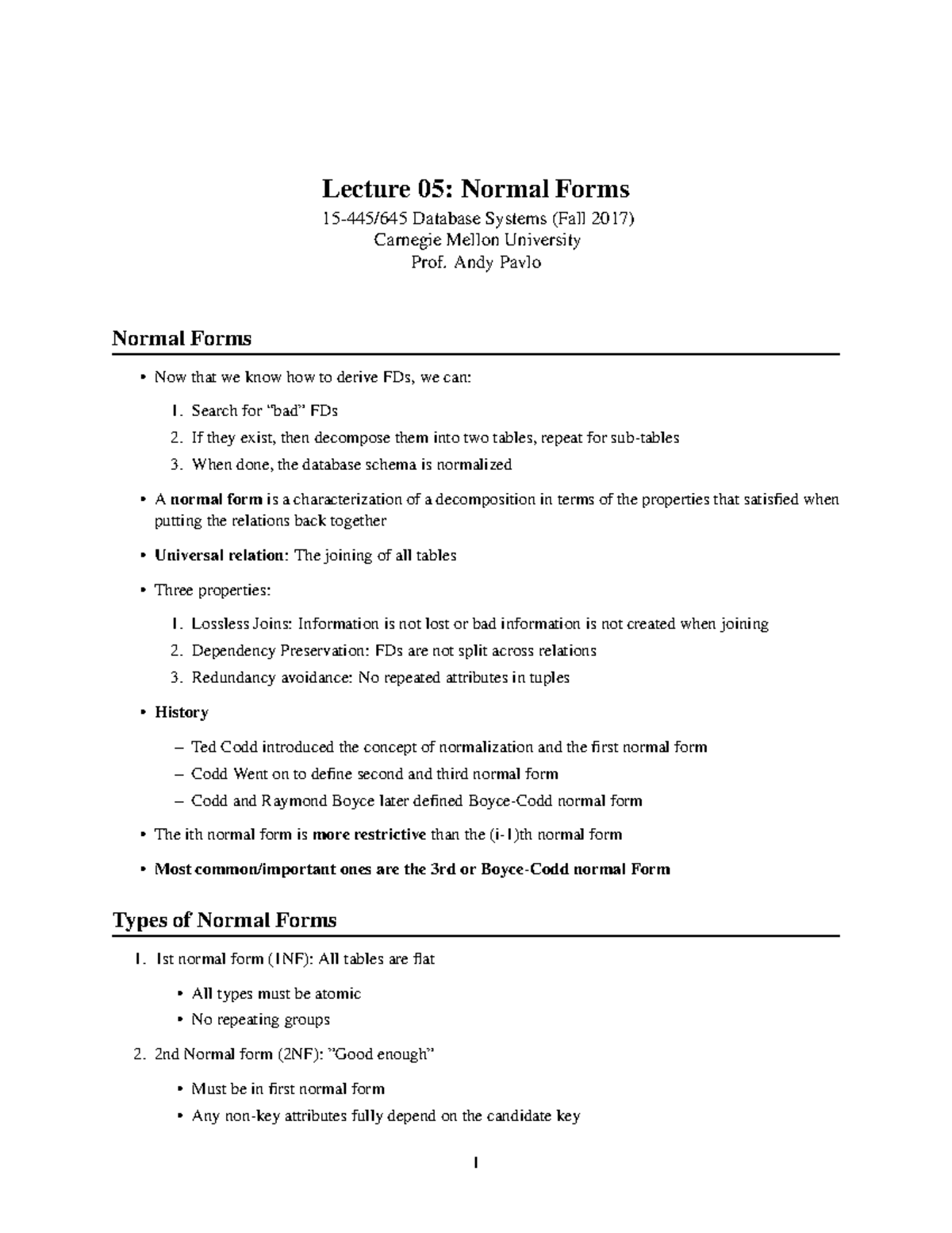05-notes-normalforms - Lecture 05: Normal Forms 15-445/645 Database ...