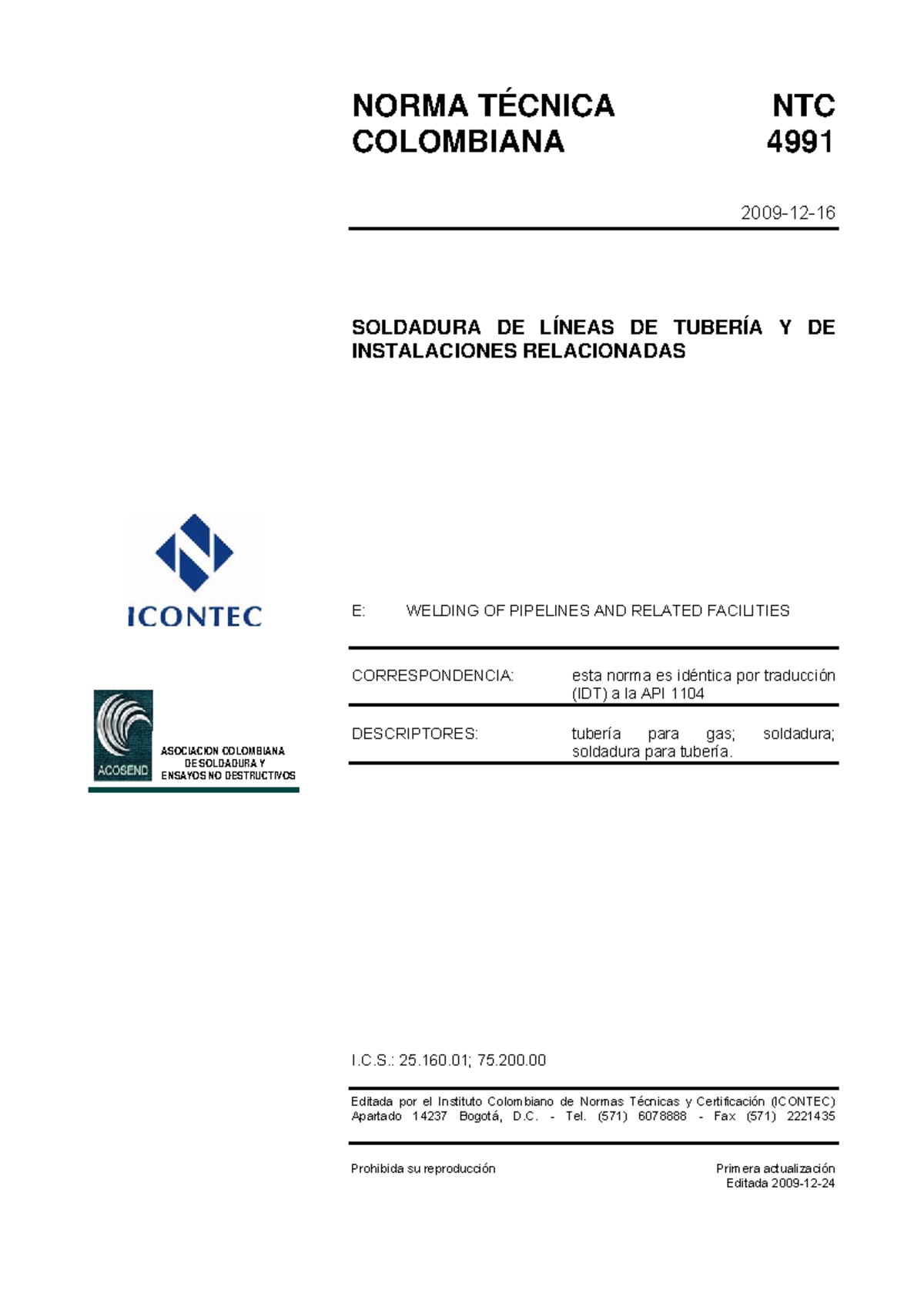 API 1104 2009 castellano - NORMA TÉCNICA NTC COLOMBIANA 4991 2009-12 ...