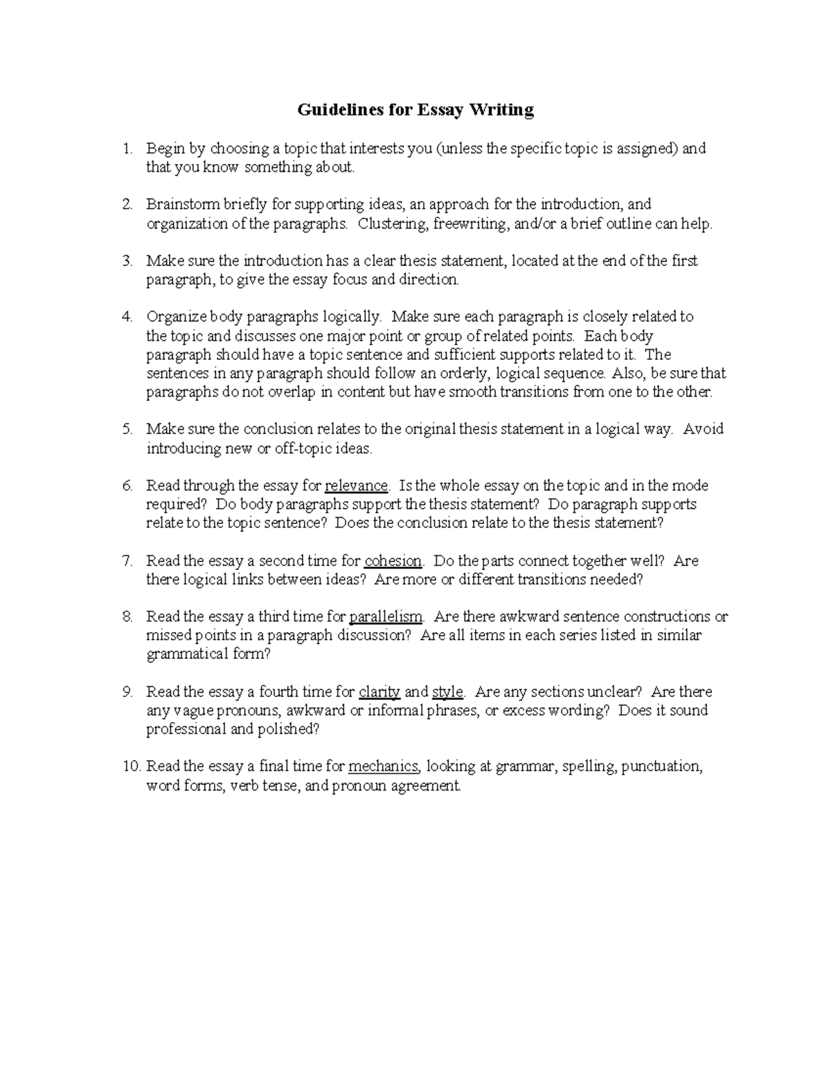 Guidelines for Essay Writing - Guidelines for Essay Writing Begin by ...