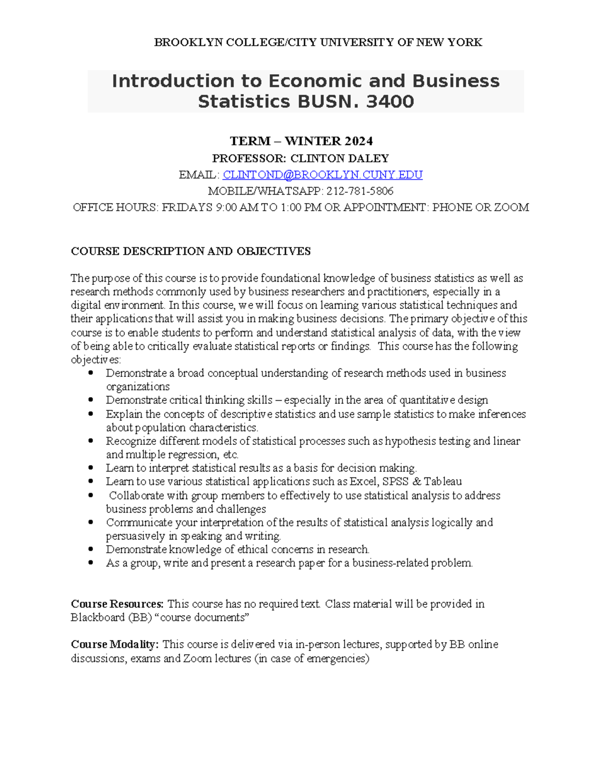 Syllabus Business Statistics BUSN 3400-W2024 - Introduction to Economic ...
