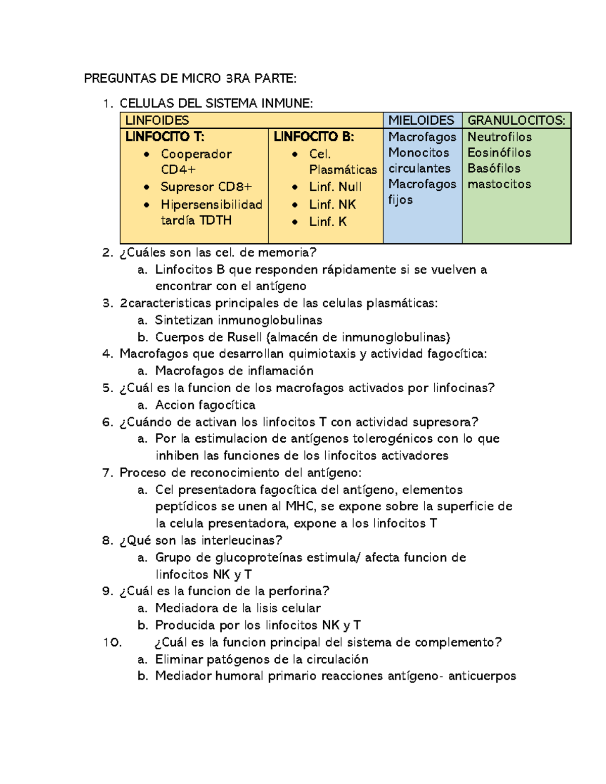 Preguntas DE Micro 3RA Parte - PREGUNTAS DE MICRO 3RA PARTE: 1. CELULAS ...