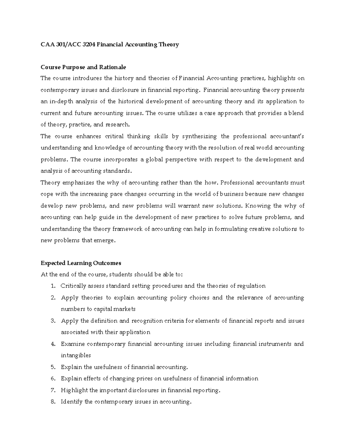 ACC 3104 Course outline - CAA 301/ACC 3204 Financial Accounting Theory ...