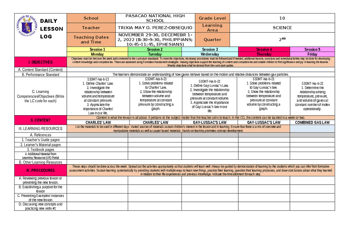 Daily Lesson Log - School PASACAO NATIONAL HIGH SCHOOL Grade Level 10 ...