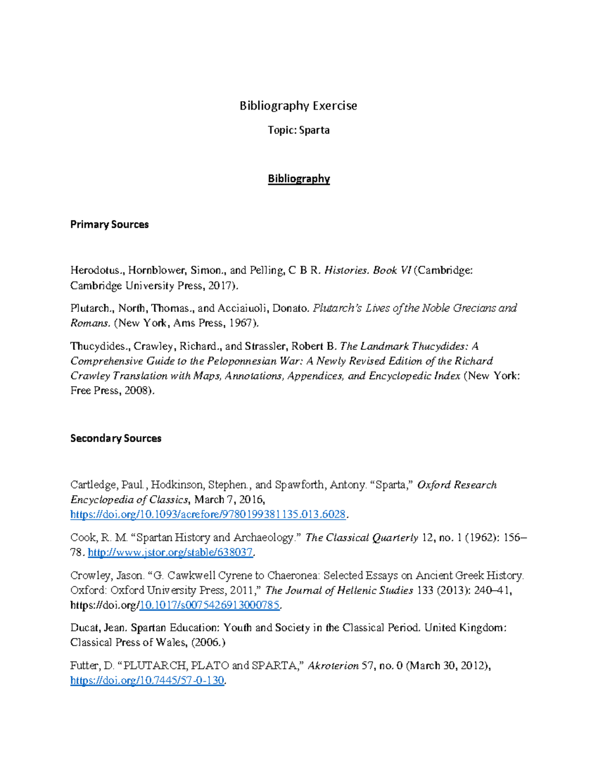 HIS1003 - Bibliography Exercise - Bibliography Exercise Topic: Sparta ...