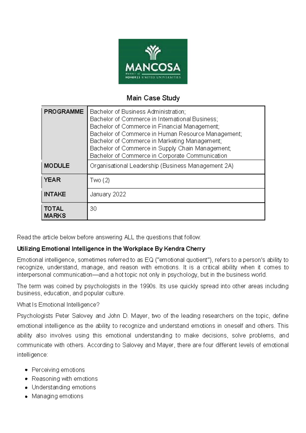 Organisational Leadership Cstudyr - Main Case Study PROGRAMME Bachelor ...