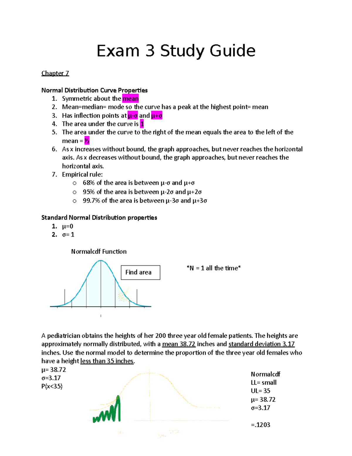 Statistics Exam 3 Study Guide - Exam 3 Study Guide Chapter 7 Normal Distribution Curve ...