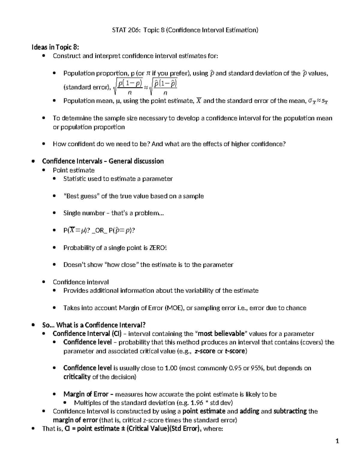 STAT 206 Topic 8 Notes - Tagged - STAT 206: Topic 8 (Confidence ...