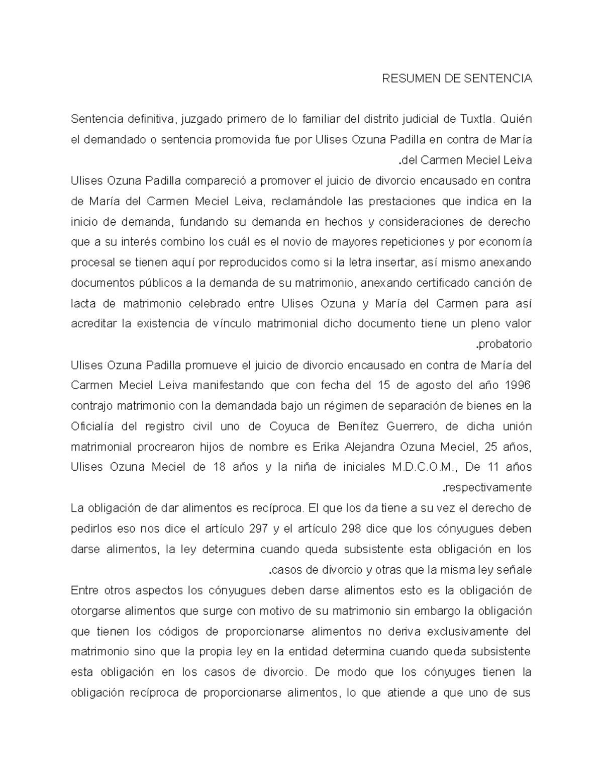 Sentencia res - RESUMEN DE SENTENCIA Sentencia definitiva, juzgado ...