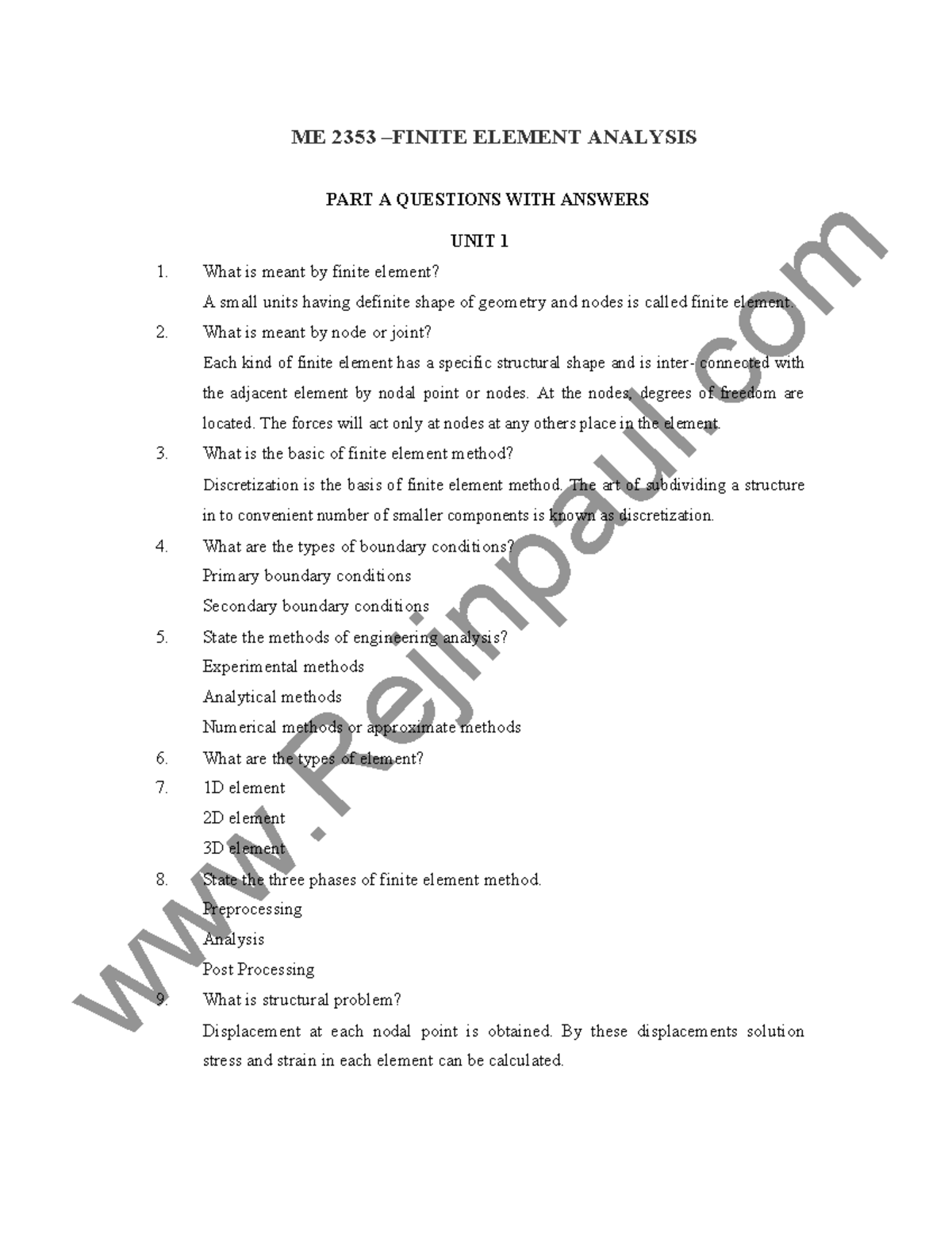 FEA - 2 marks - NIL - ME 2353 –FINITE ELEMENT ANALYSIS PART A QUESTIONS WITH ANSWERS UNIT 1 What ...