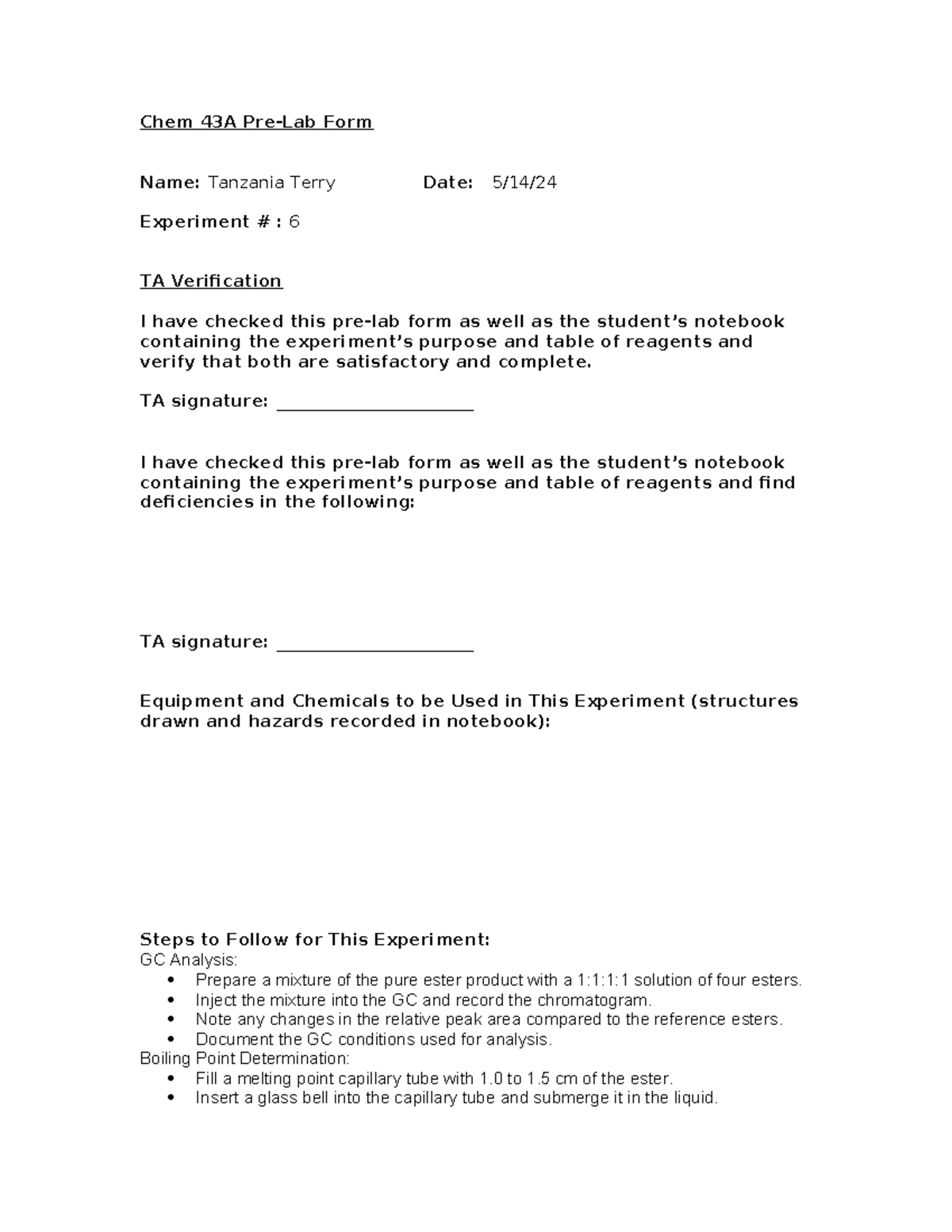 Chem 43A Pre-lab Form Template - Chem 43A Pre-Lab Form Name: Tanzania ...