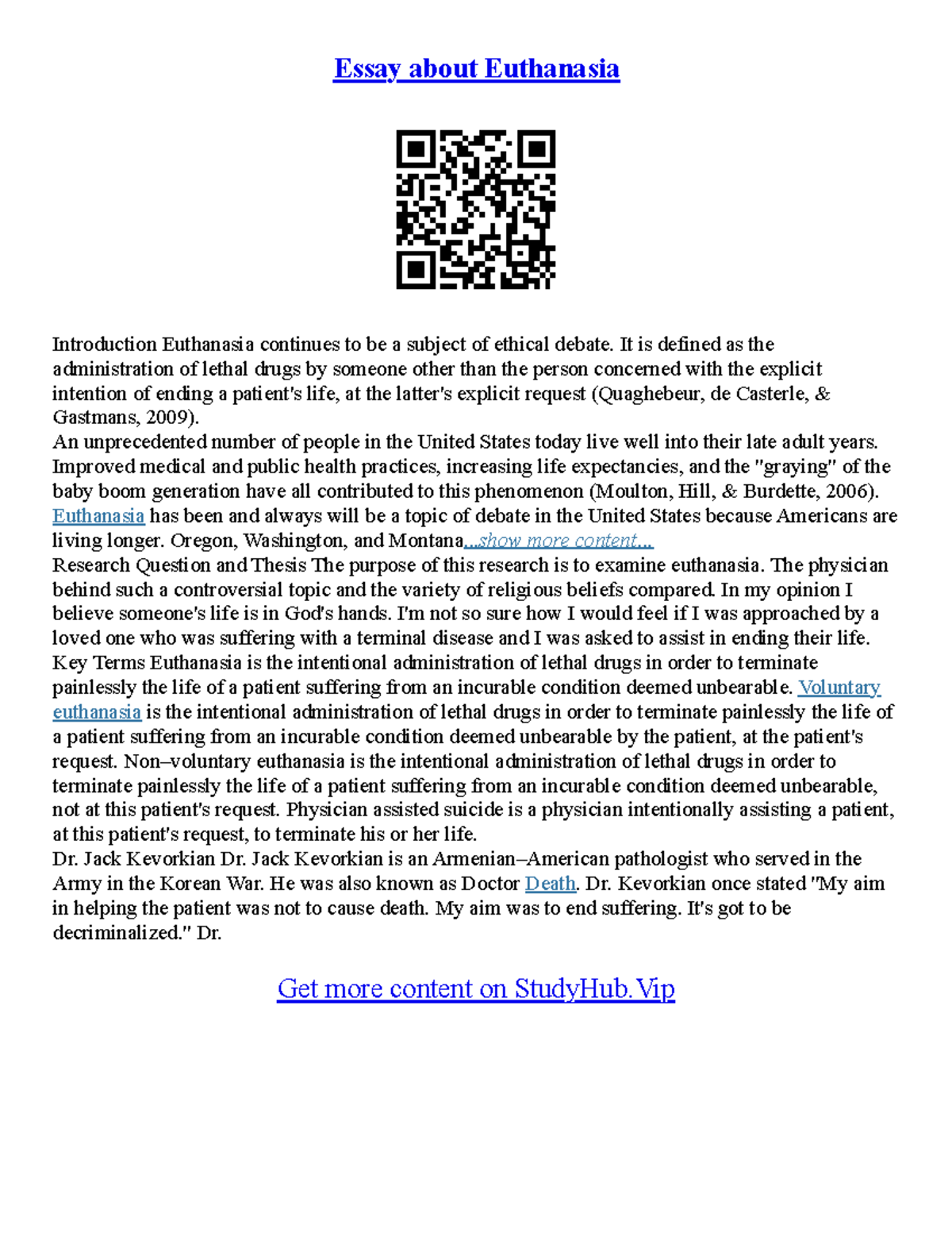 Essay Euthanasia - Essay about Euthanasia Introduction Euthanasia ...
