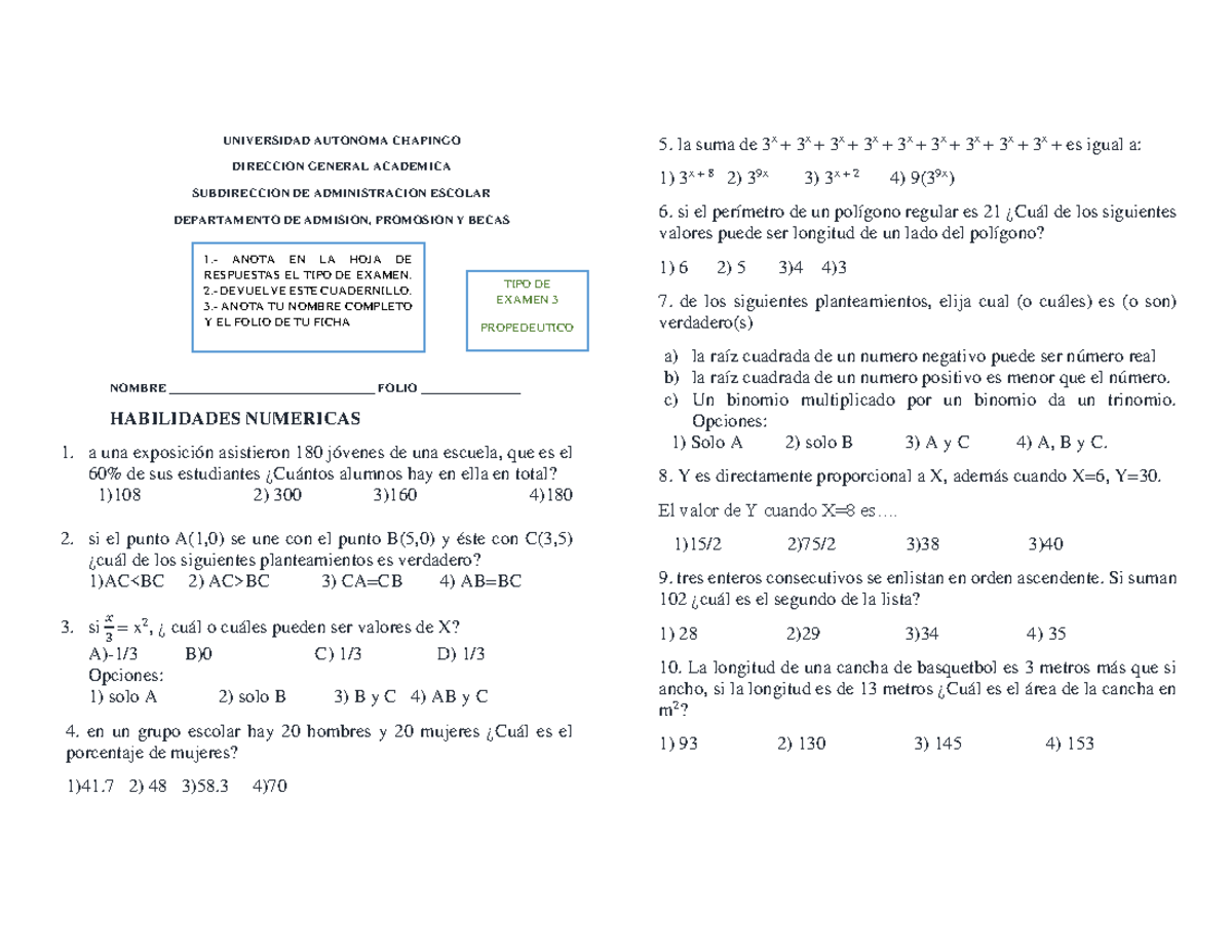 Examen simulacro - UNIVERSIDAD AUTONOMA CHAPINGO DIRECCION GENERAL ...