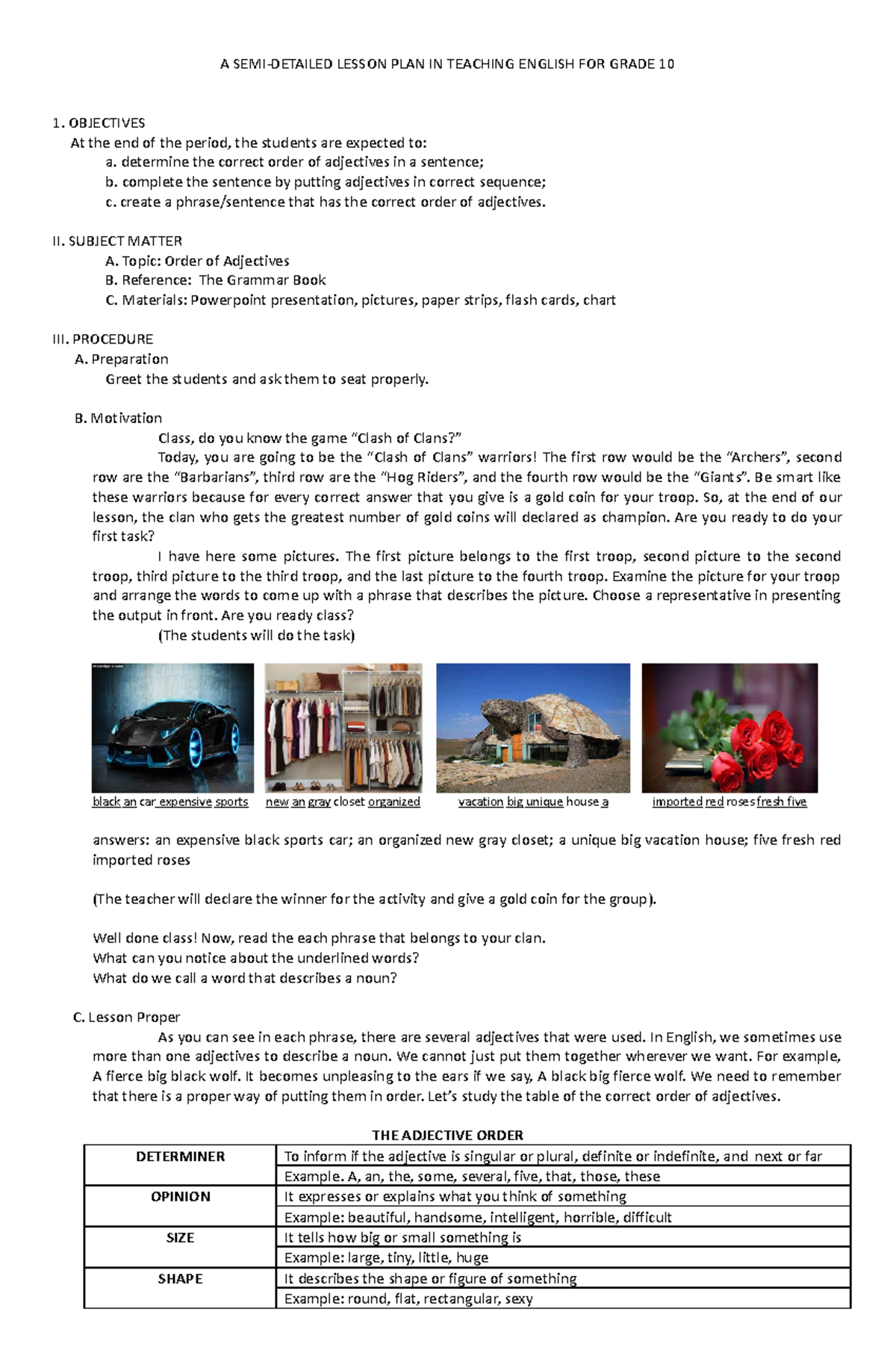 Lesson PLAN Adjectives Order - A SEMI-DETAILED LESSON PLAN IN TEACHING ...