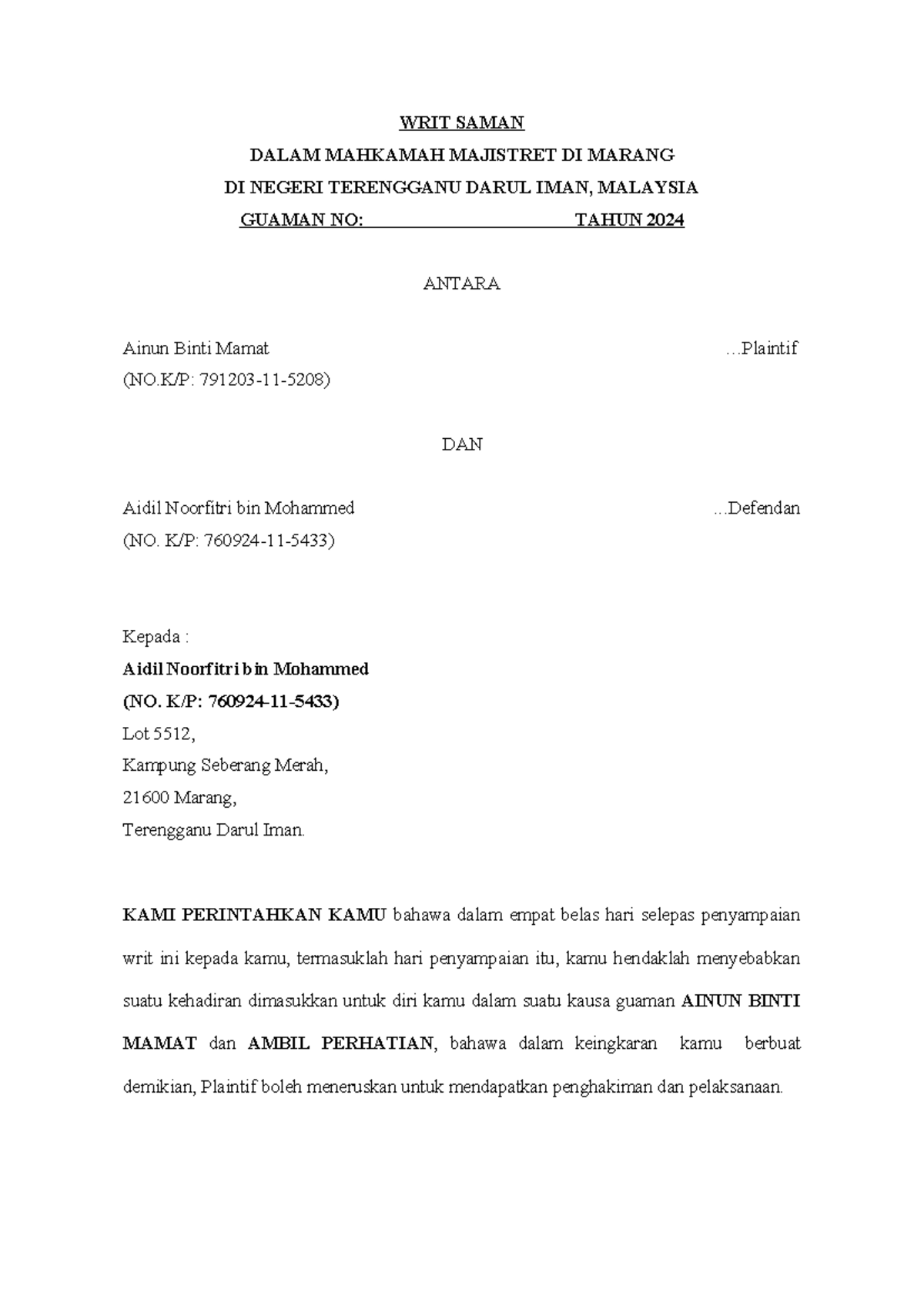 WRIT Saman ( Ariffahmi) - WRIT SAMAN DALAM MAHKAMAH MAJISTRET DI MARANG DI NEGERI TERENGGANU ...