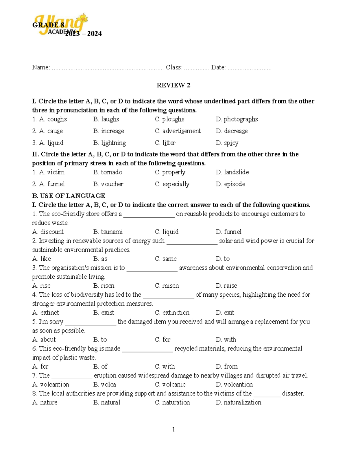 G8 - Review 2 - Practice TEST - 2023 – 2024 Name: - Studocu