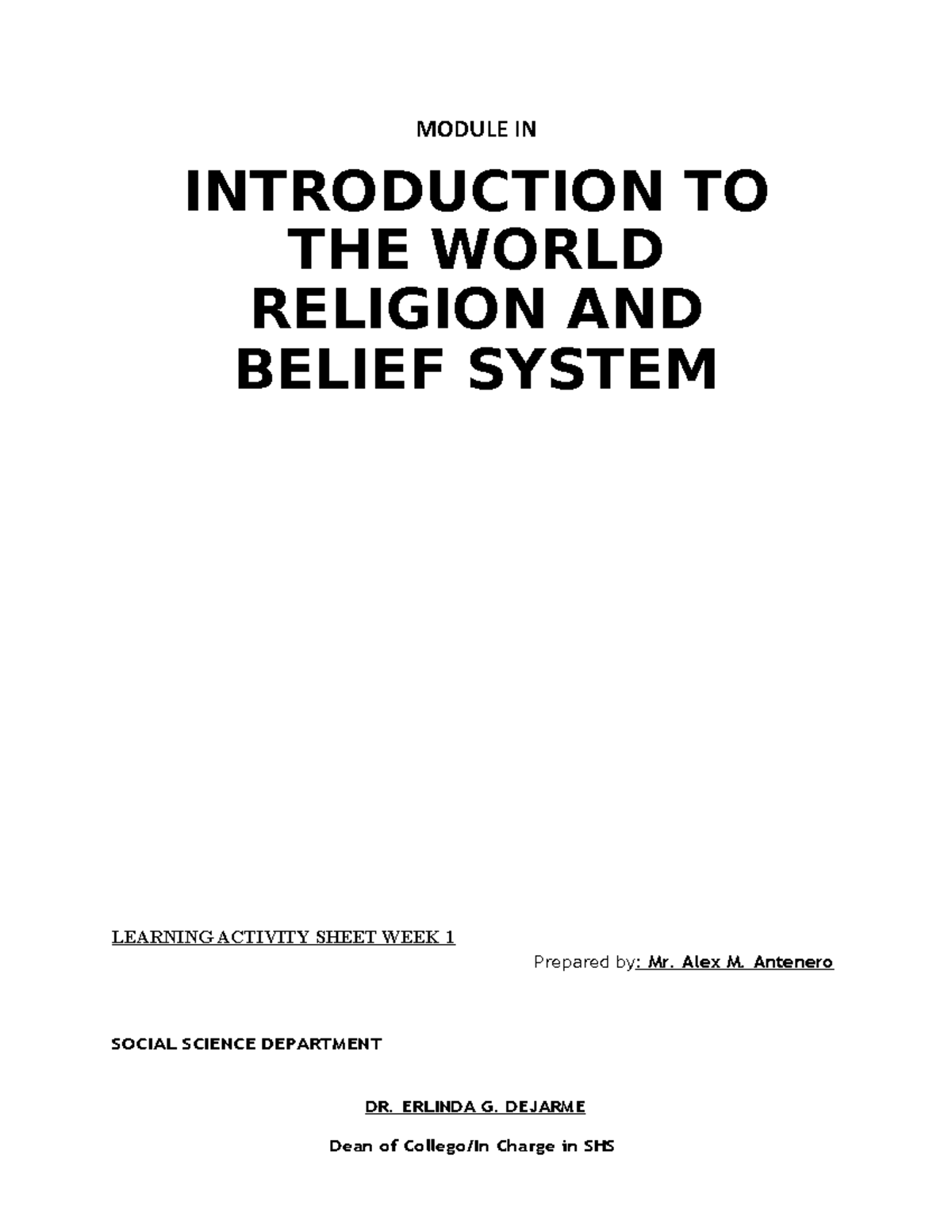 Introduction to the world religion and belief system module in - DR ...