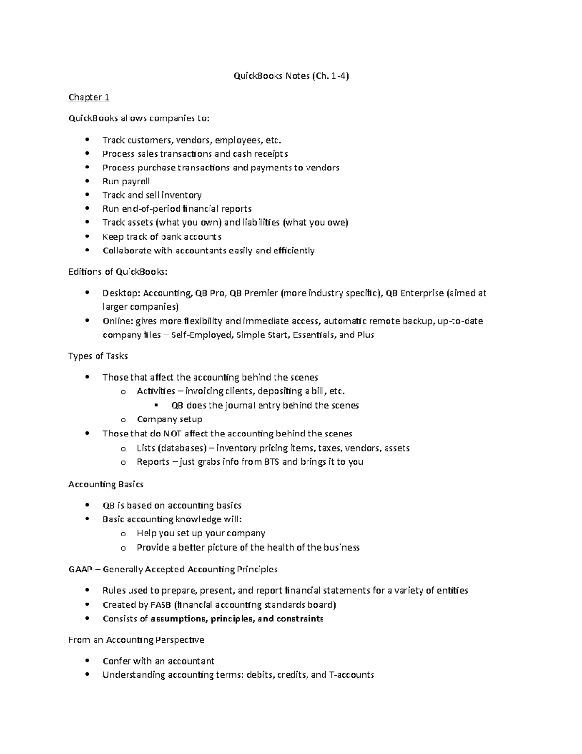 Quickbooks Notes for Ch. 1-4 - QuickBooks Notes (Ch. 1-4) Chapter 1 ...