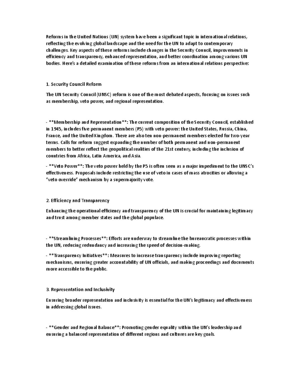 IR Notes UNIT 4 - Reforms in the United Nations (UN) system have been a ...