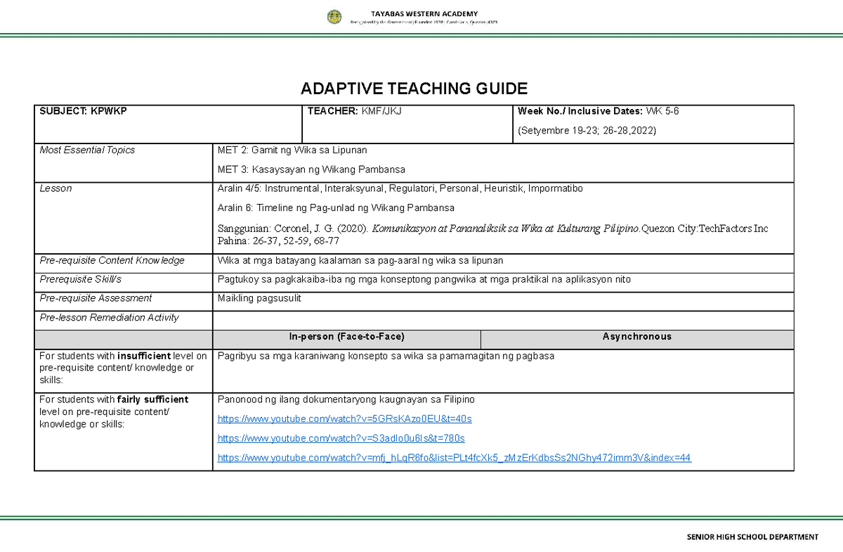 ATG Kpwkp Q1 WK5-6 KMF JKJ - ADAPTIVE TEACHING GUIDE SUBJECT: KPWKP ...