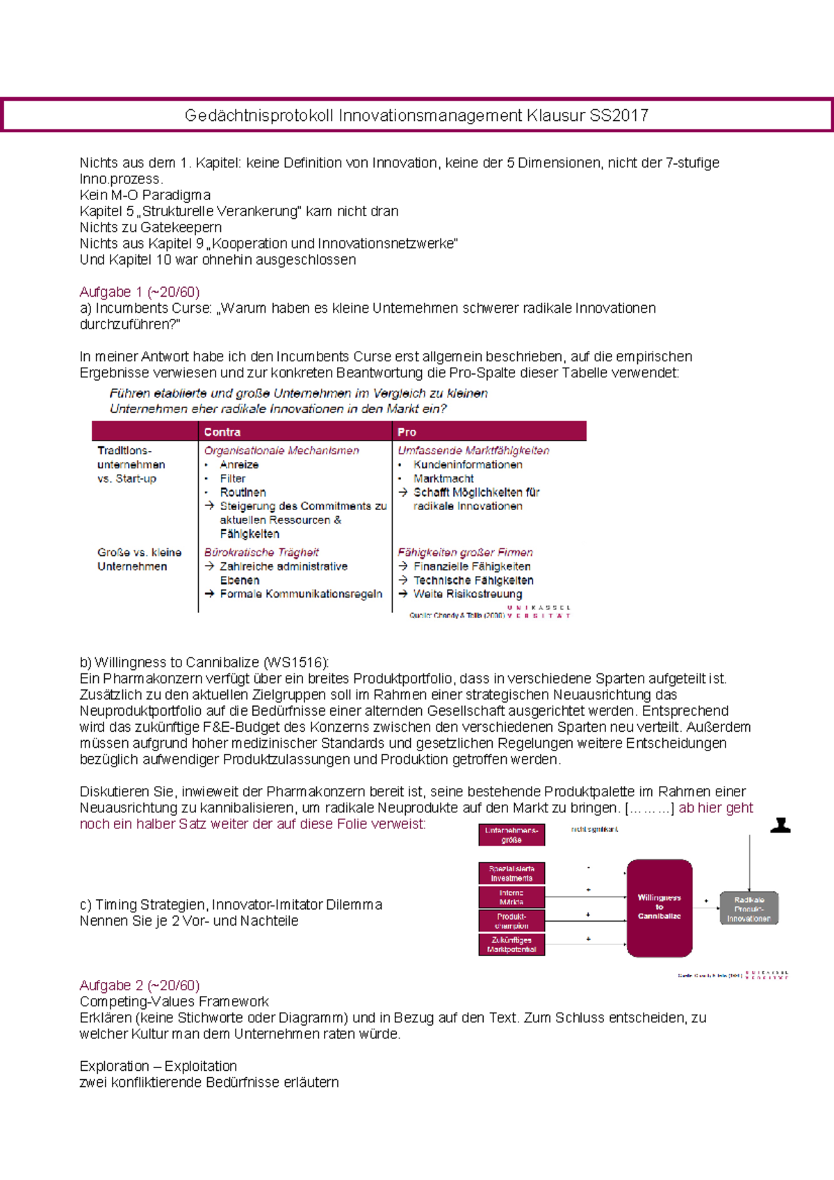 Klausur Sommersemester 2017, Fragen - Nichts aus dem 1. Kapitel: keine Definition von Innovation ...