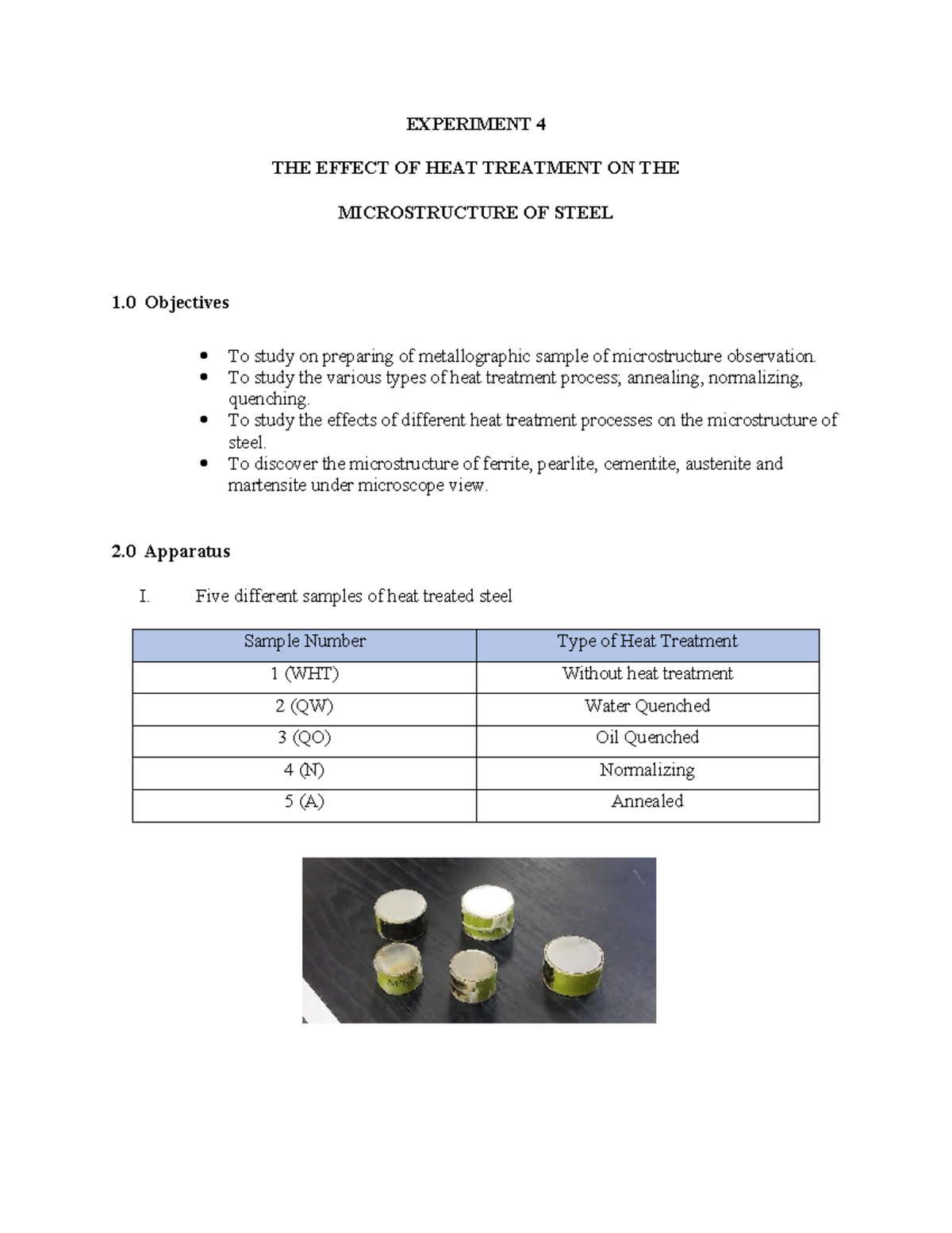 HEAT Treatment LAB Report - EXPERIMENT 4 THE EFFECT OF HEAT TREATMENT ...