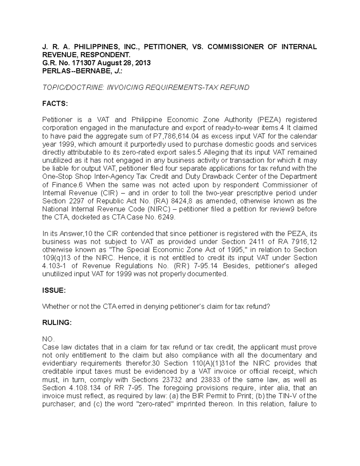 7 jra-vs-cir compress - Case Digest of JRA vs CIR - J. R. A. PHILIPPINES, INC., PETITIONER, VS ...