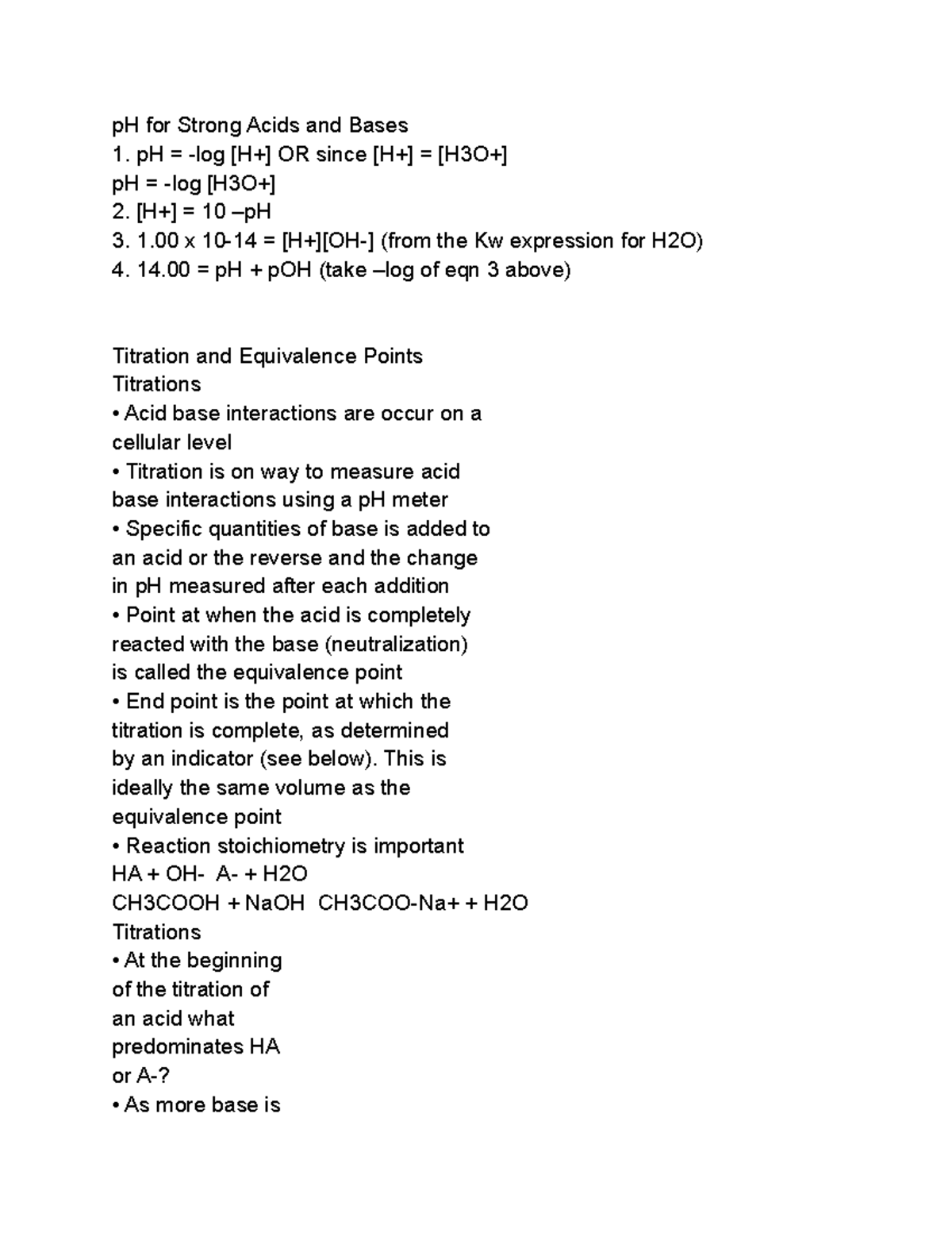 Bio - Notes - pH for Strong Acids and Bases pH = -log [H+] OR since [H+ ...