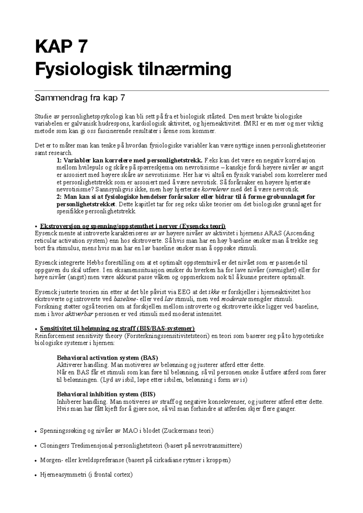 KAP 7-fysiologisk tilnærming - KAP 7 Fysiologisk tilnærming Sammendrag ...