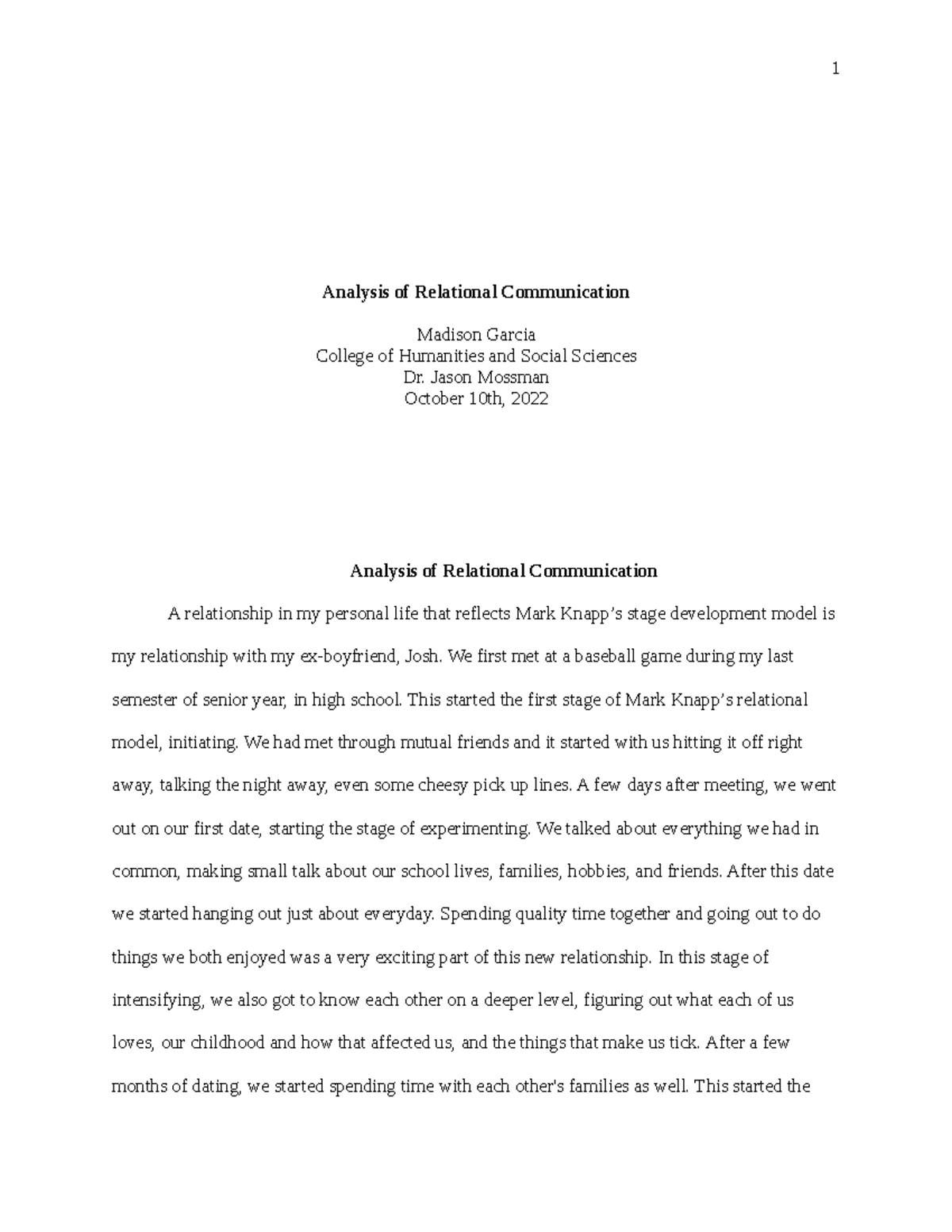 Analysis of Relational Communication - Analysis of Relational Communication Madison Garcia ...