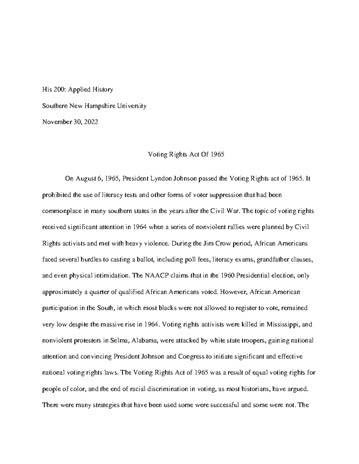 Essay - His 200: Applied History Southern New Hampshire University ...