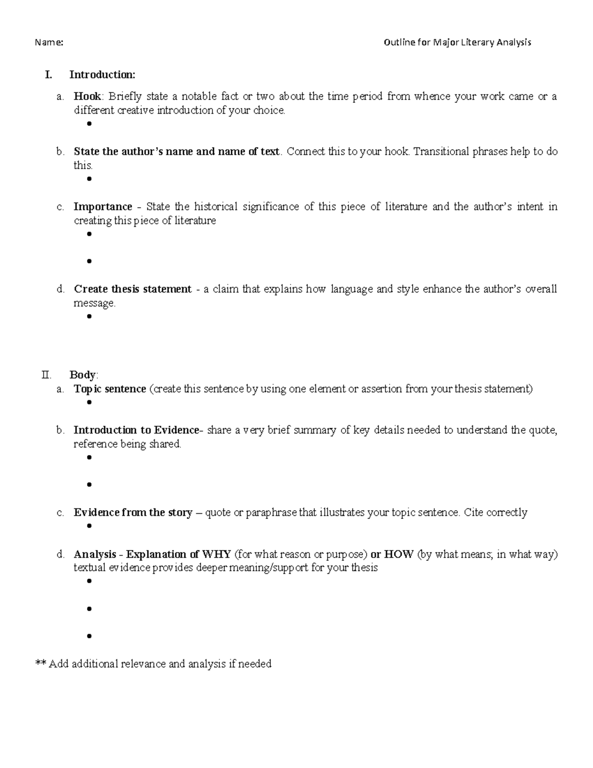 Literary Analysis Outline - Name: Outline for Major Literary Analysis I ...